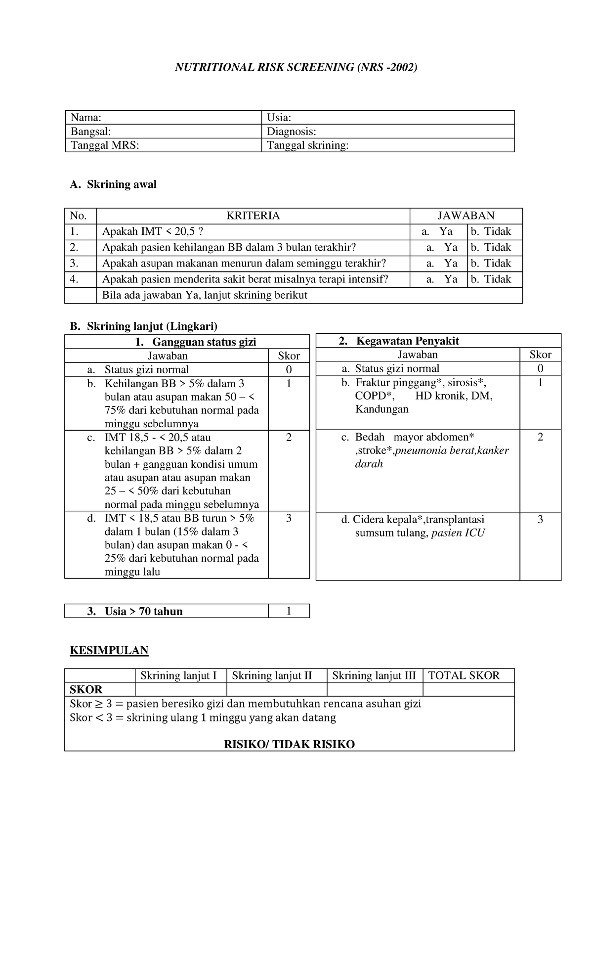 Skrining-nrs-2002 compress - NUTRITIONAL RISK SCREENING (NRS - 2002) Nama: Usia: Bangsal ...