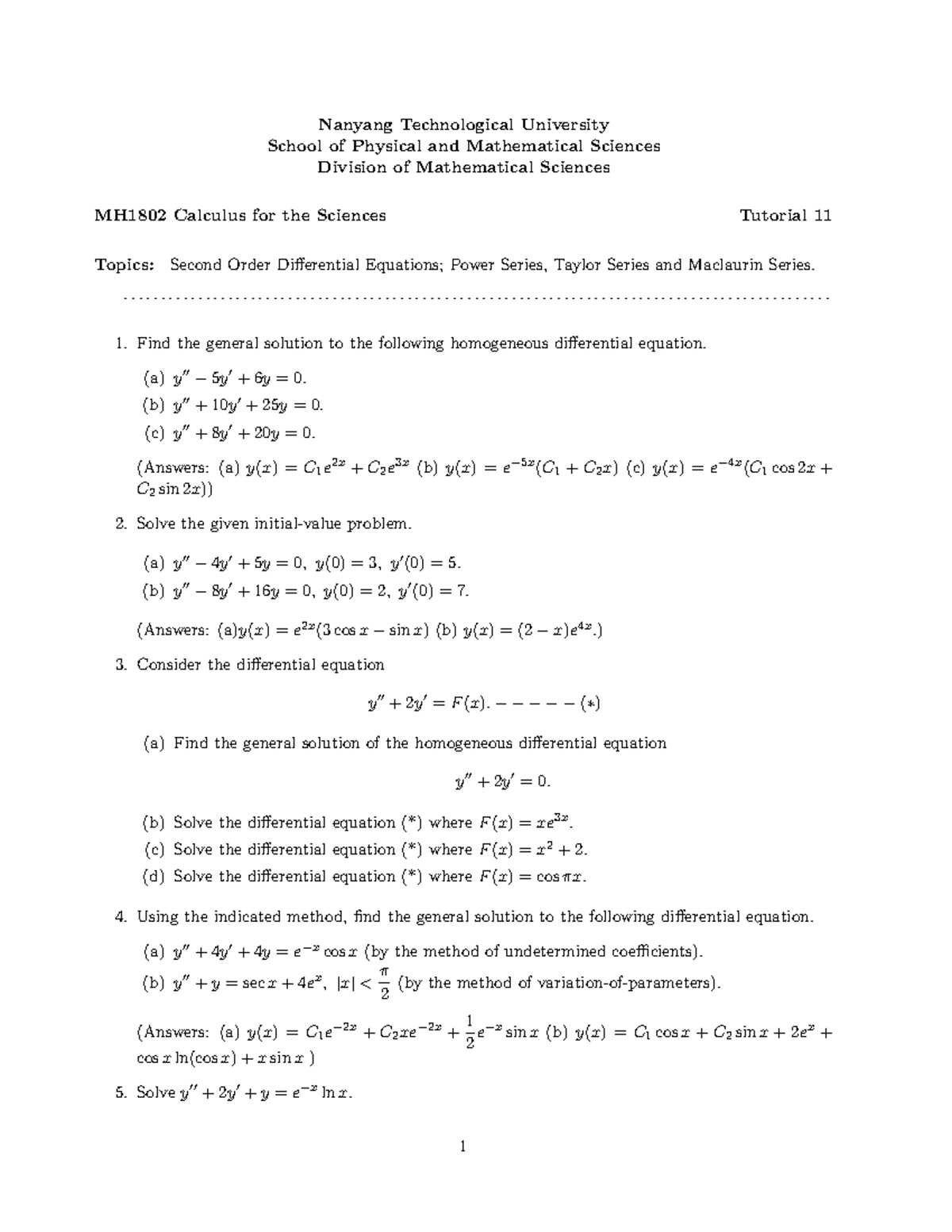 MH1802 Tut11 Diff Eqns series - Nanyang Technological University School ...