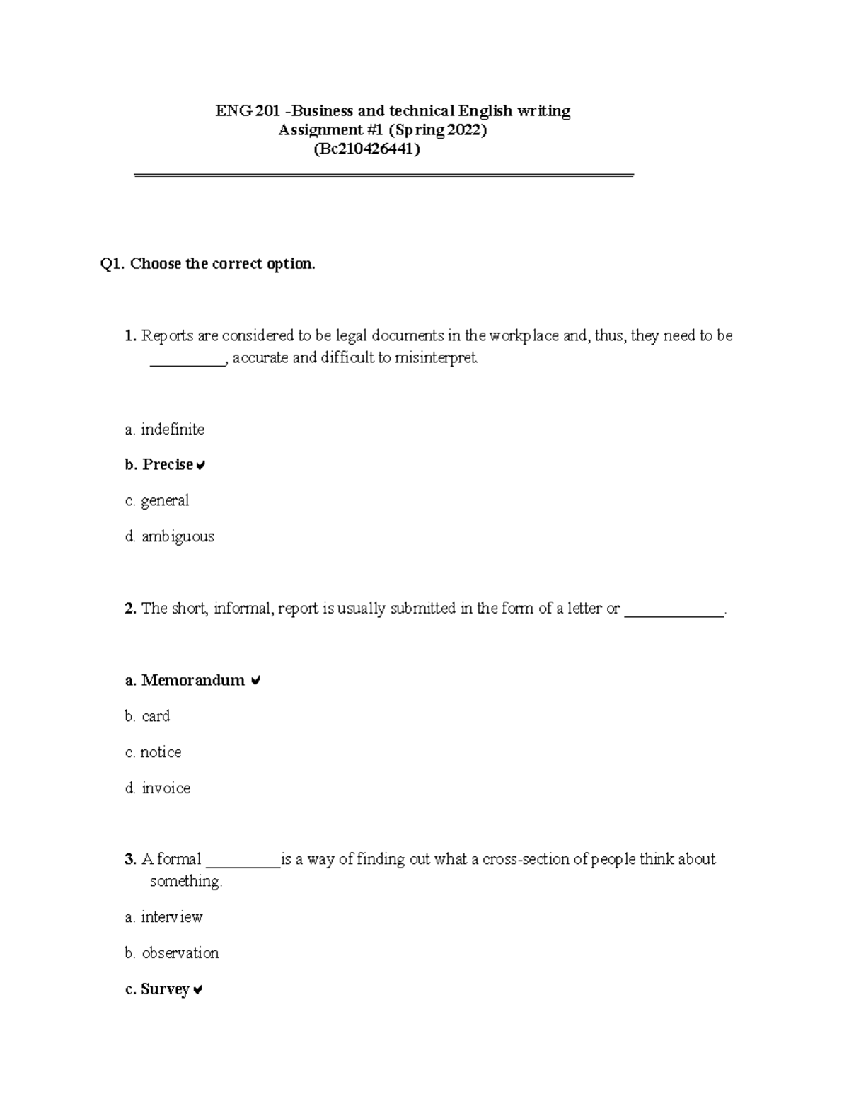 ENG 201 (BC210426441) - Eng201 - ENG 201 -Business and technical English writing Assignment #1 ...
