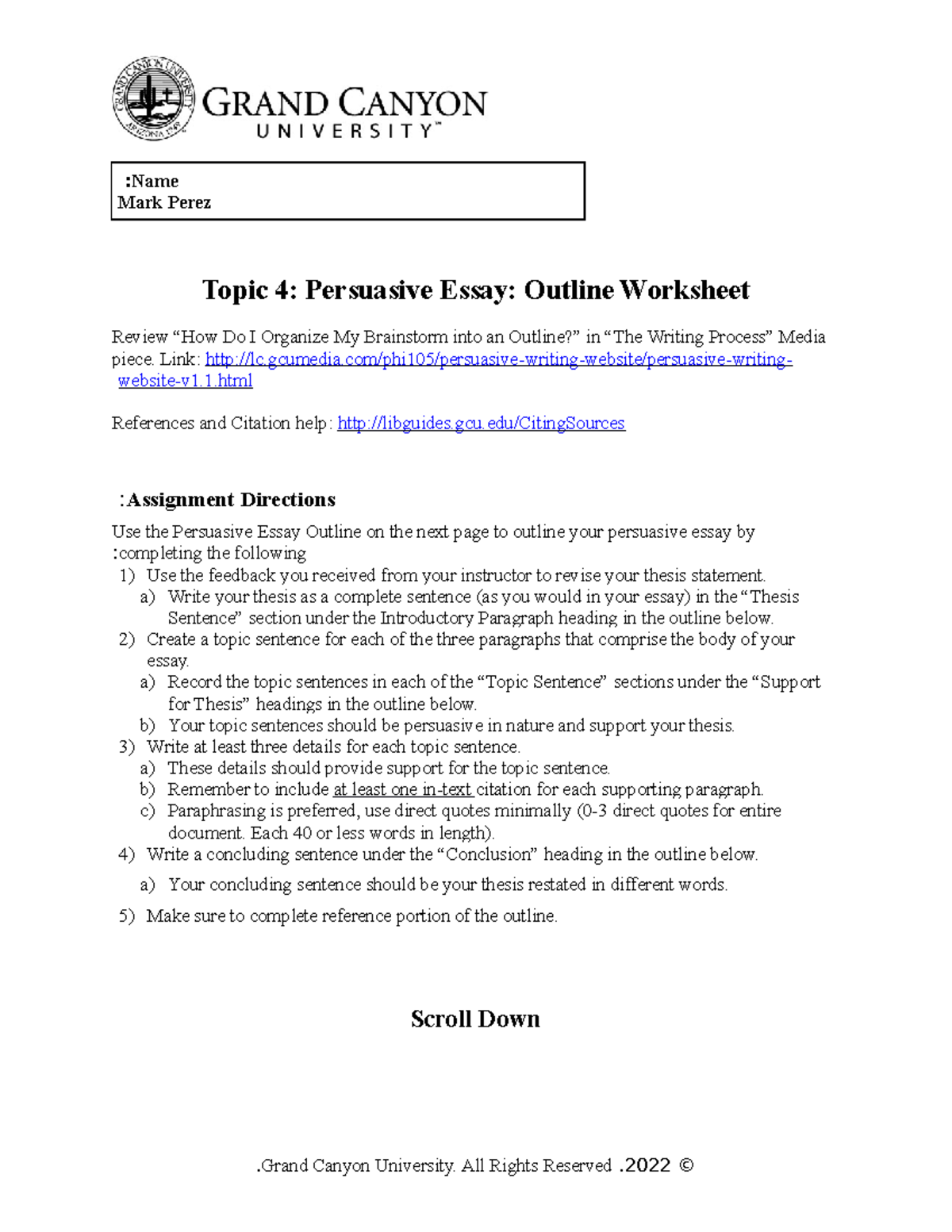 PHI105 T4 Outline Worksheet Persuasive Essay Planning - :Name Mark ...