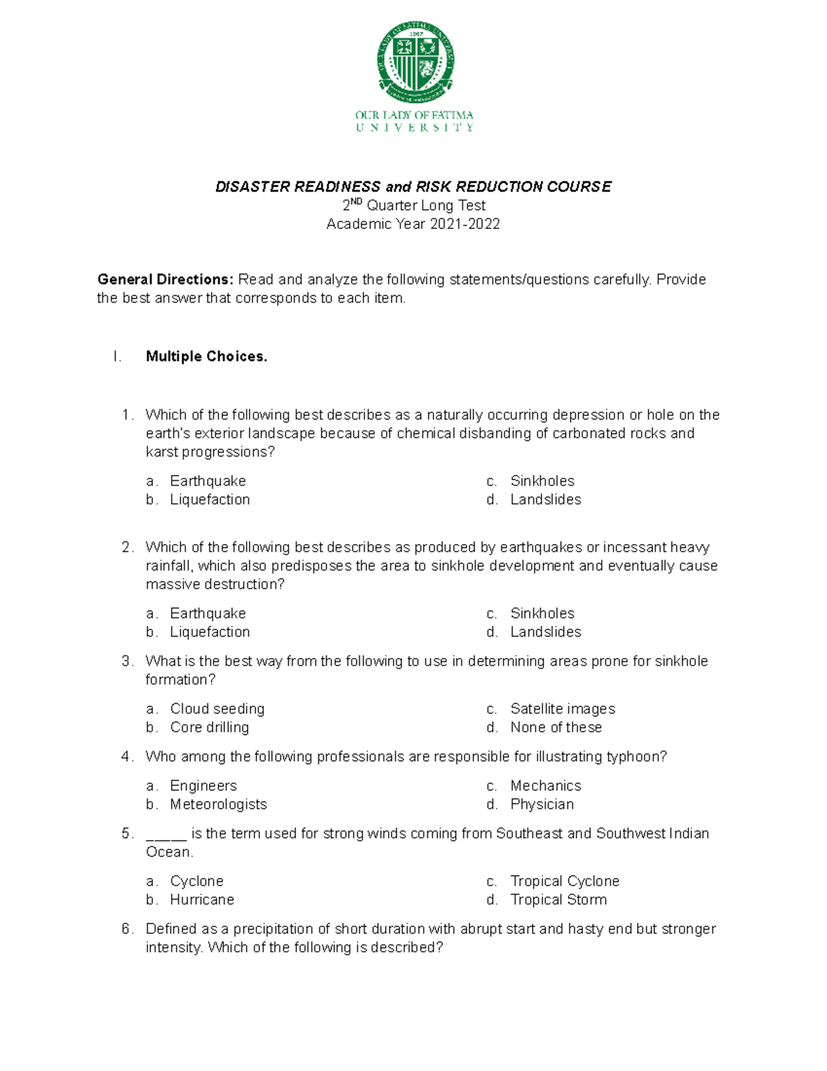 DRRR2nd Quarter Long Test 1665185100486644 - DISASTER READINESS and ...