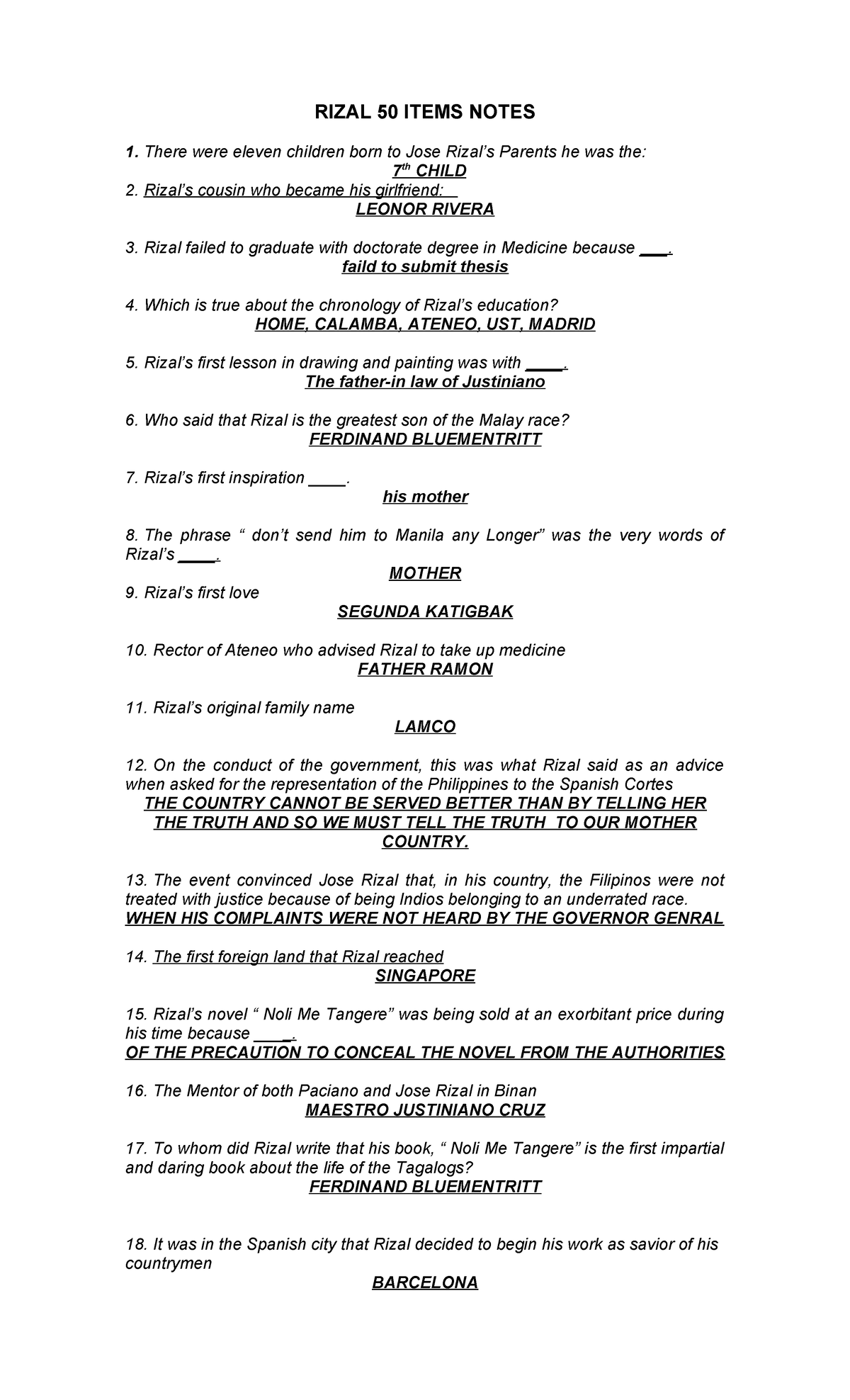 Rizal 50 Items Notes - N/a - RIZAL 50 ITEMS NOTES There were eleven ...