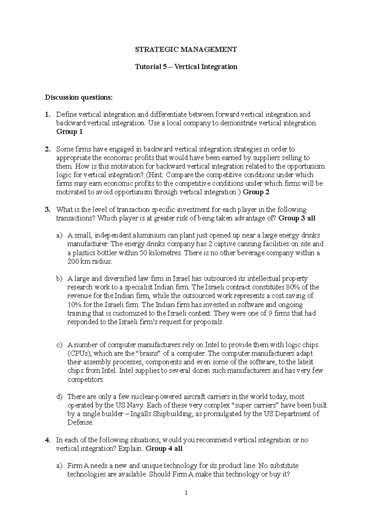 Unit 5 - Tutorial Sheet - Bbbbbbb - STRATEGIC MANAGEMENT Tutorial 5 ...