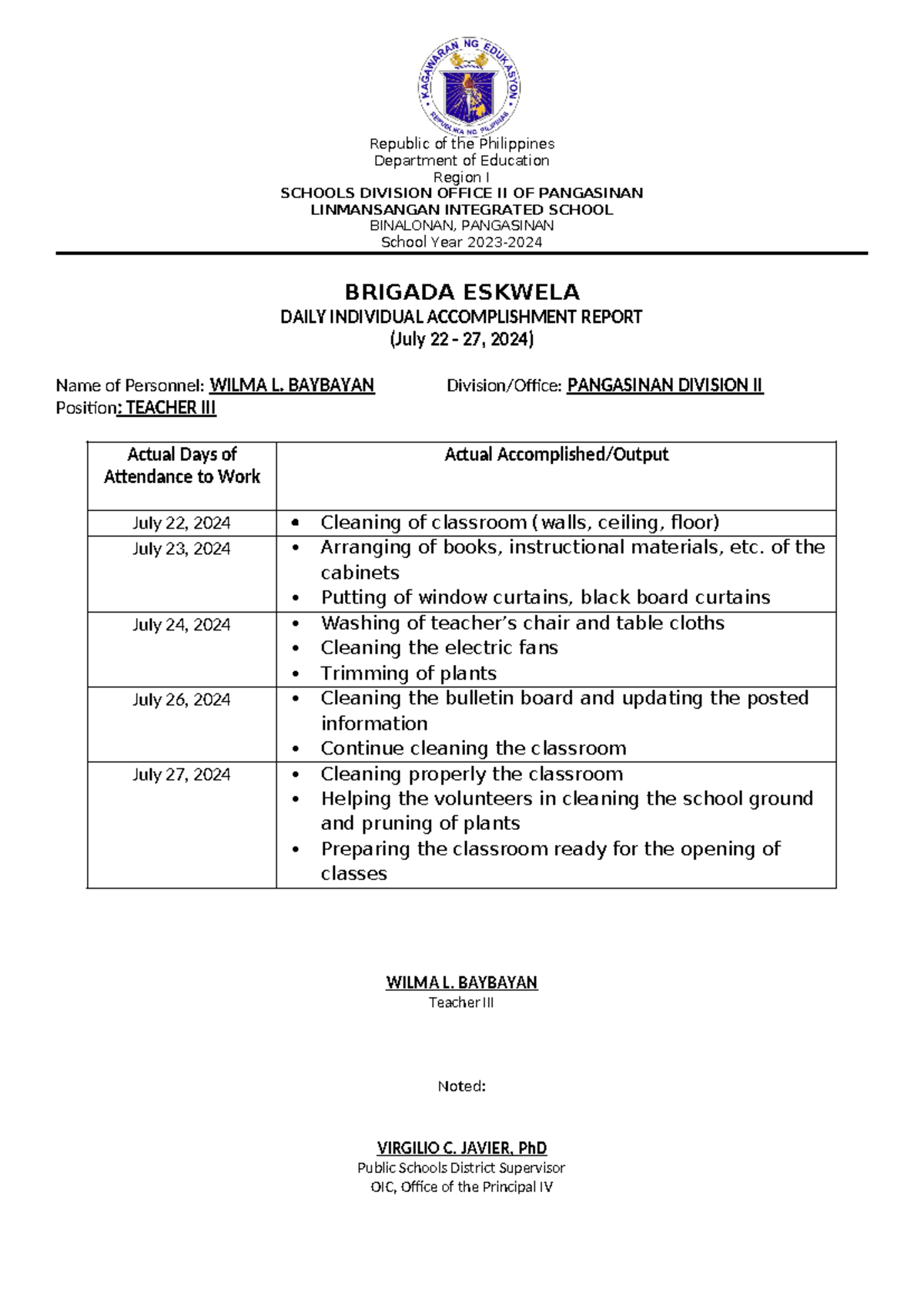 BE.Accomplishment Report - Republic of the Philippines Department of ...