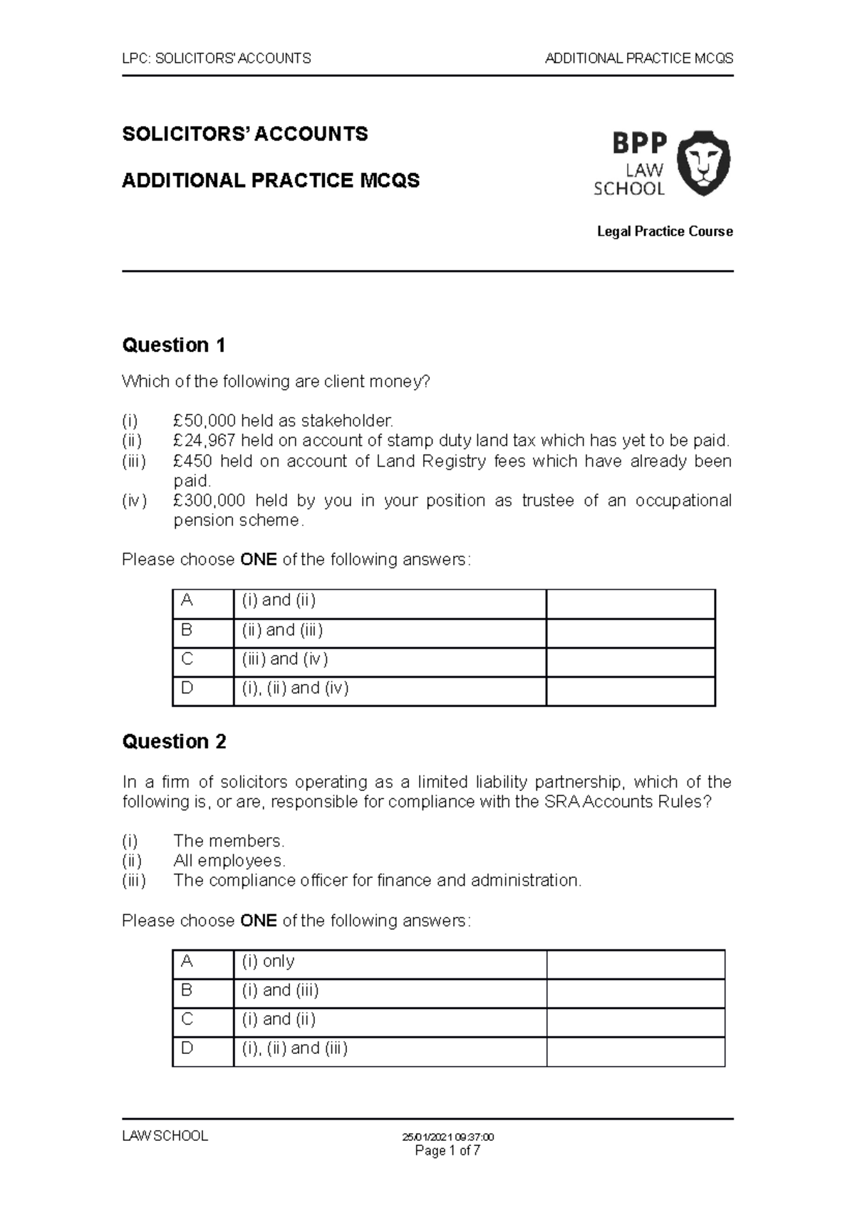 SA Additional Practice MCQs - SOLICITORS’ ACCOUNTS ADDITIONAL PRACTICE ...