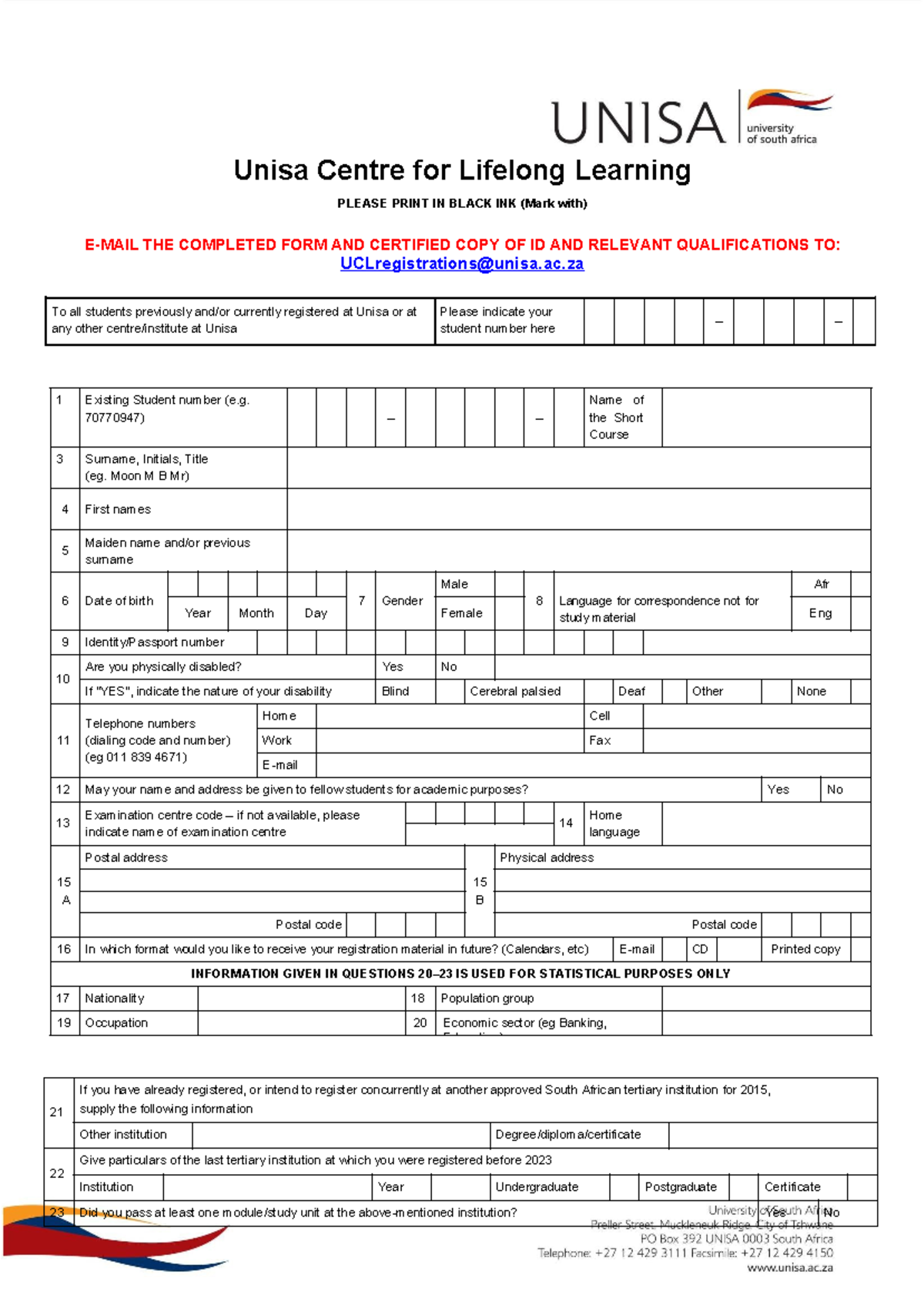 UCL Registration Form 2023 - Unisa Centre for Lifelong Learning PLEASE ...