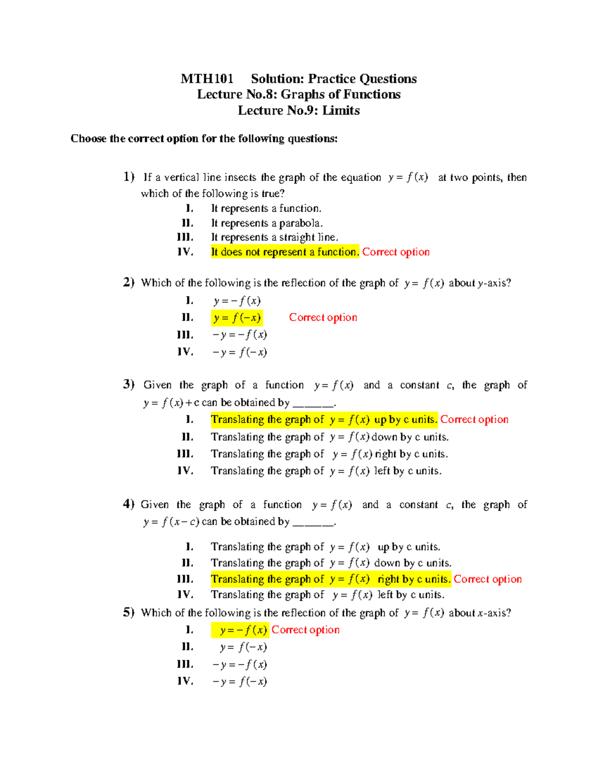 Lecture 8-9 Practice Qs Solution - MTH101 Solution: Practice Questions Lecture No: Graphs of ...
