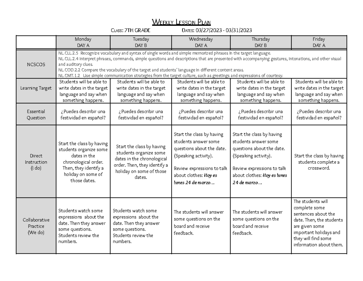 WEEK 13 - Semester 2 - 7TH Grade - WEEKLY LESSON PLAN CLASS: 7TH GRADE ...