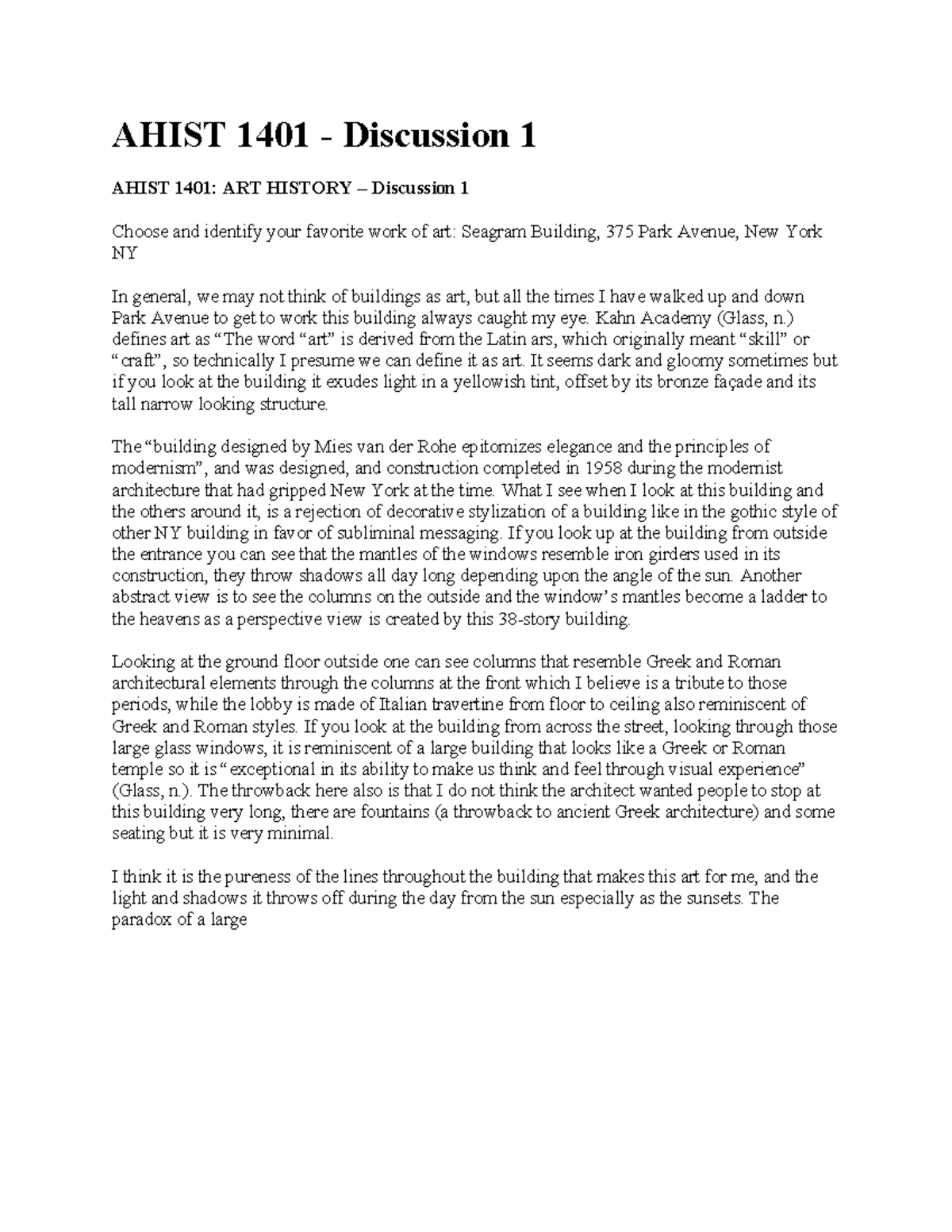 AHIST 1401 Discussion 1 - AHIST 1401 - Discussion 1 AHIST 1401: ART ...