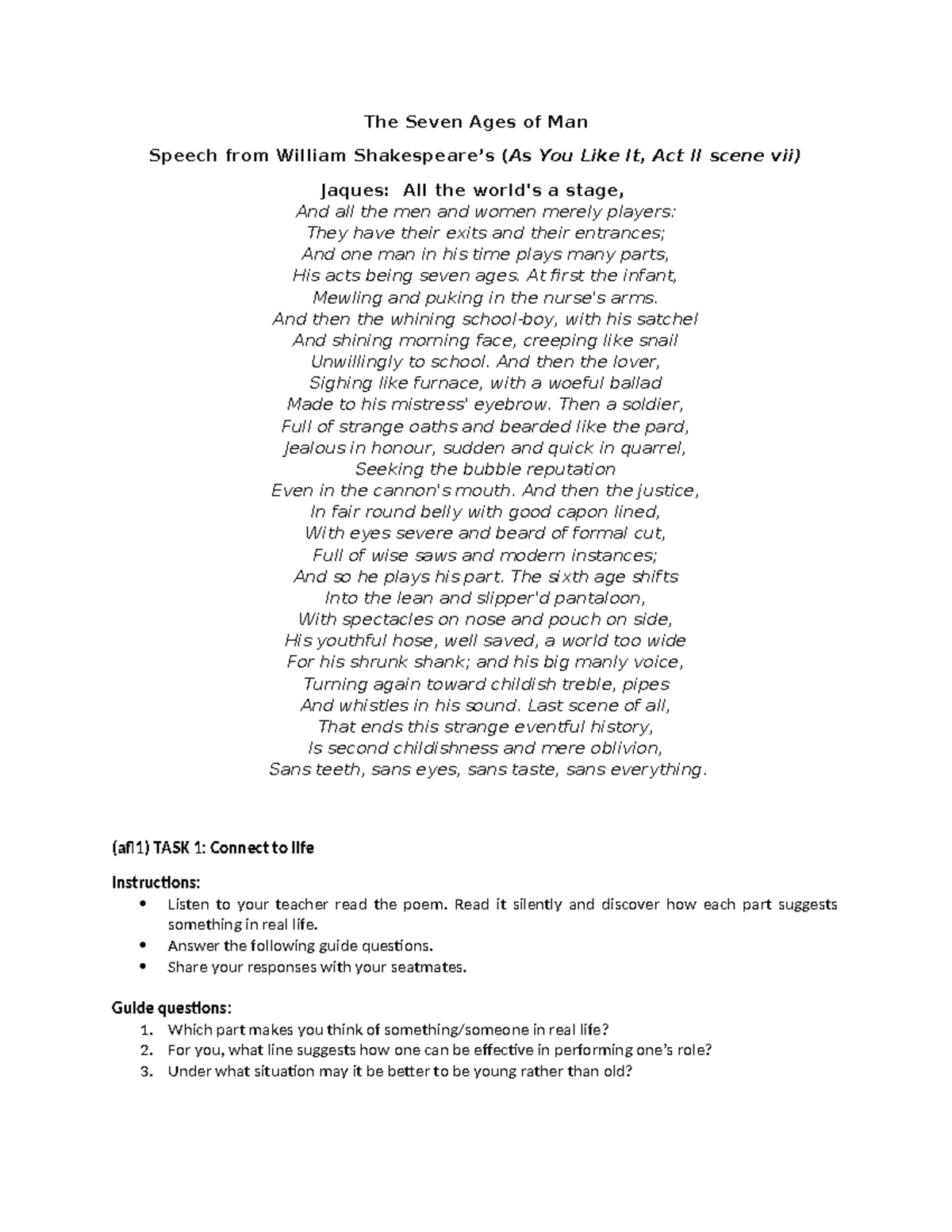 Af L 1 - Discussion for Assessment in Learning - The Seven Ages of Man ...