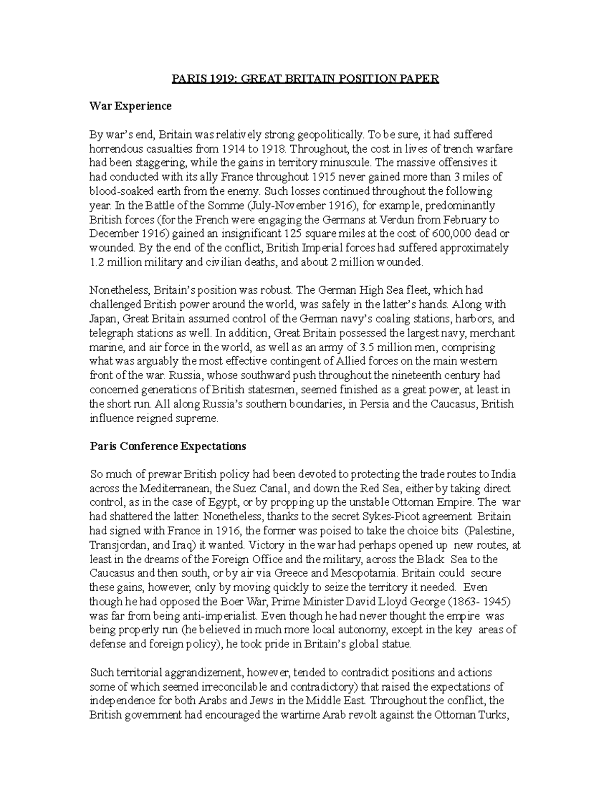 Paris 1919-British position paper - PARIS 1919: GREAT BRITAIN POSITION ...