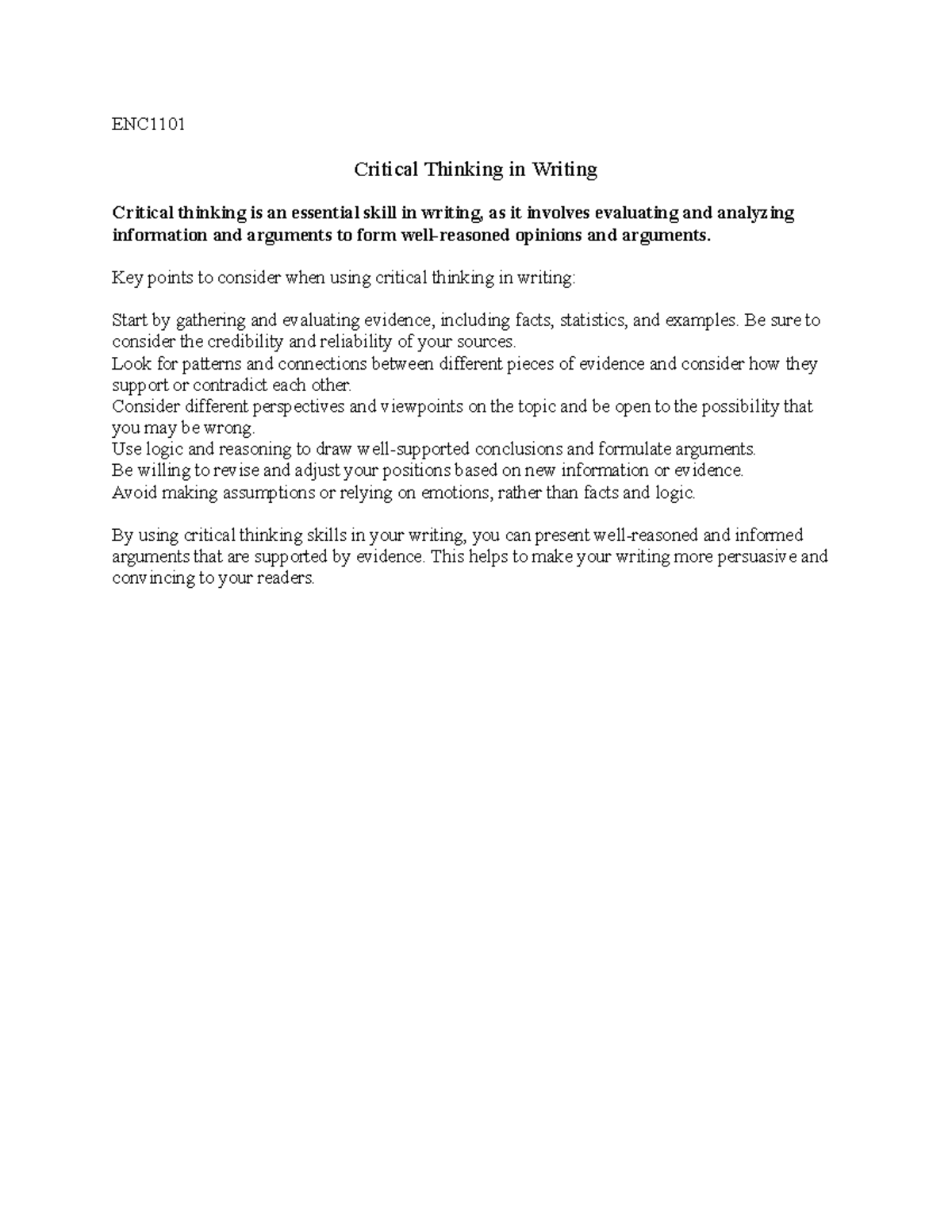ENC1101 critical thinking - ENC Critical Thinking in Writing Critical ...