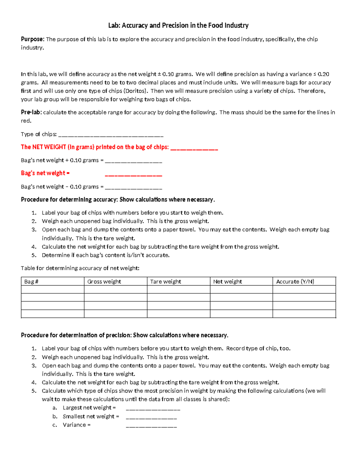 Accuracy v precision lab - Lab: Accuracy and Precision in the Food ...
