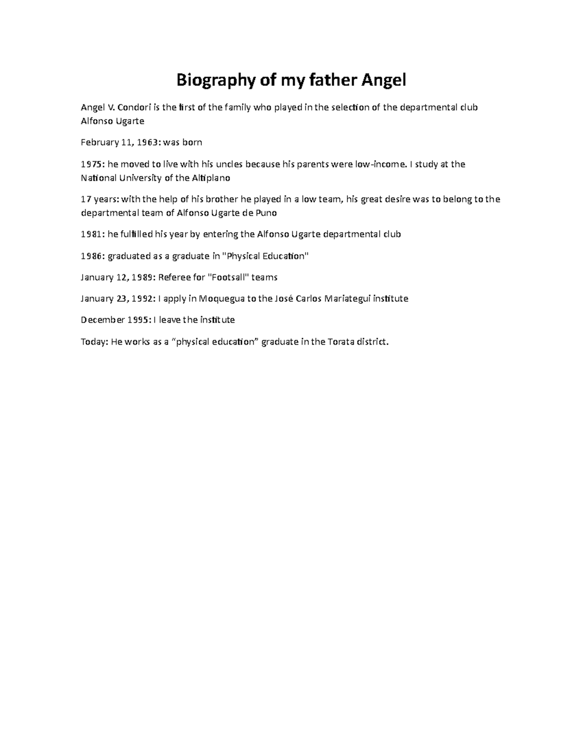 Biography of my father Angel trabajo 123 - Literatura - SENATI - Studocu