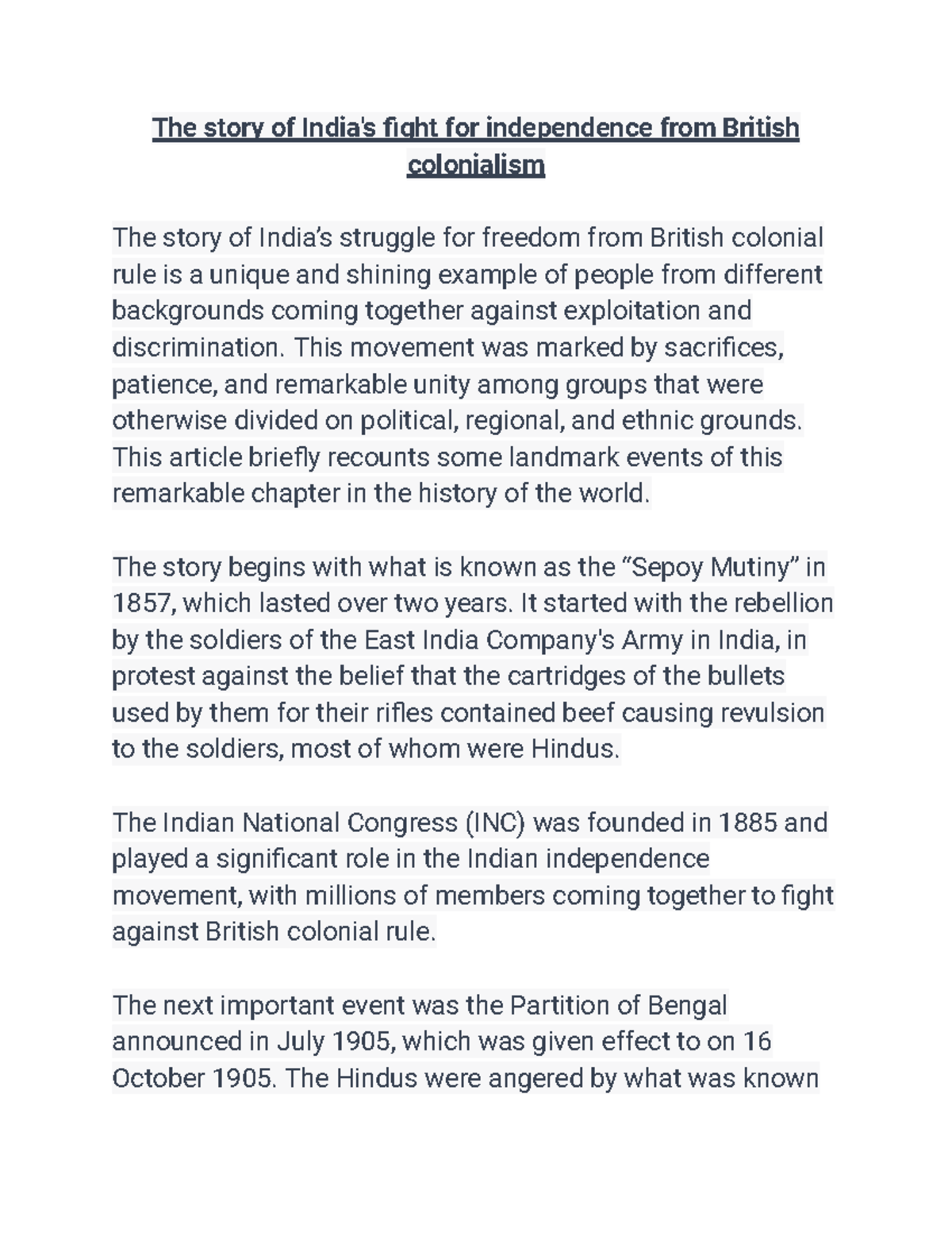 The story of India's fight for independence from British colonialism ...