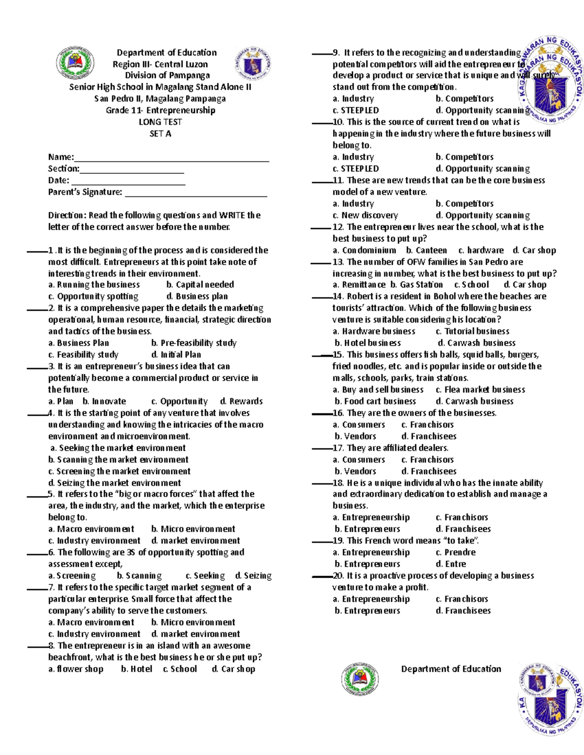 QUIZ - Short quiz - Department of Education Region III- Central Luzon ...