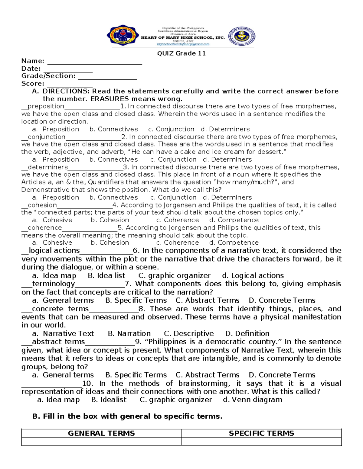 QUIZ Grade 11 - QUIZ Grade 11 Name: _____________________________ Date