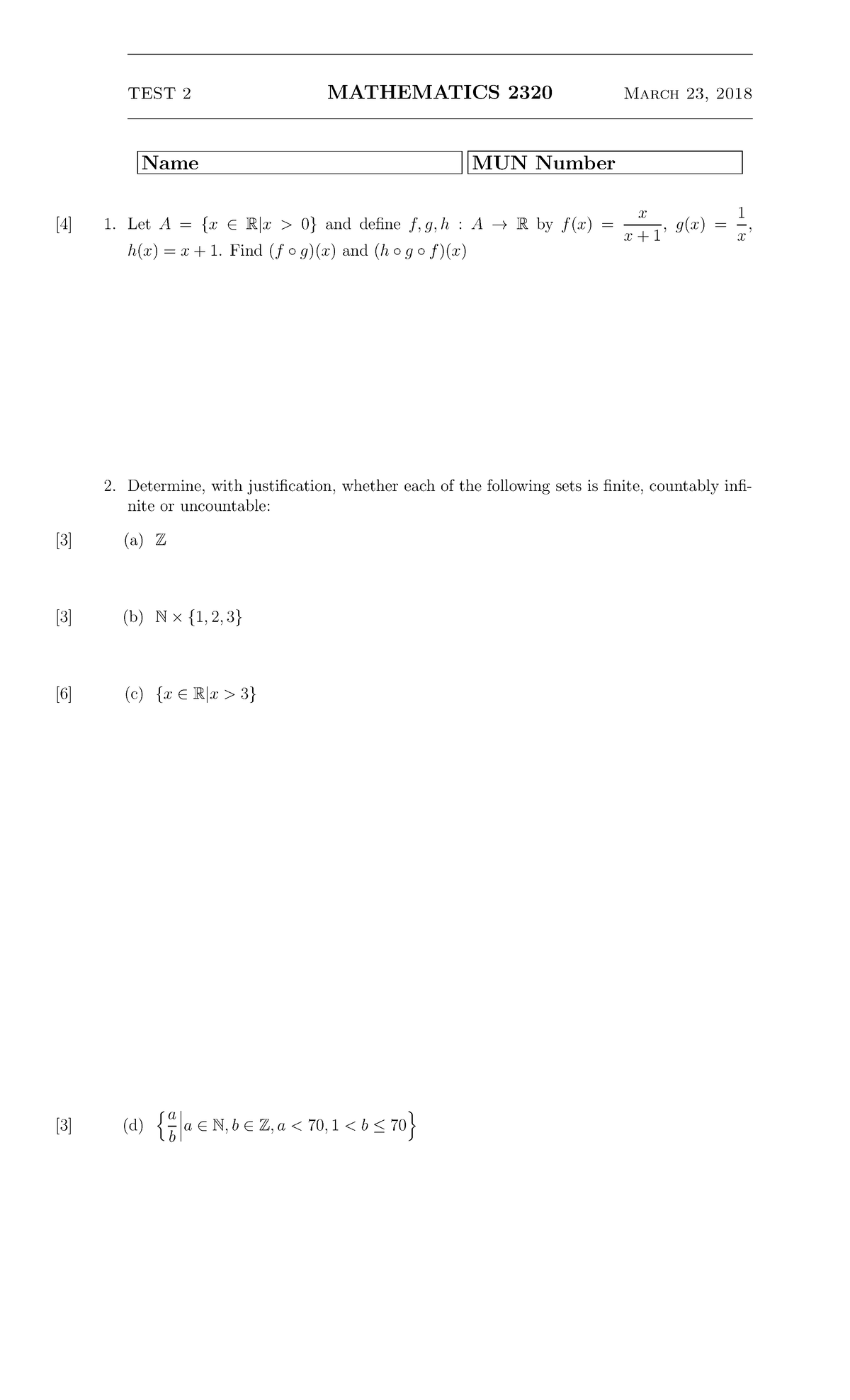 M2320-T2W18 - Sample - TEST 2 MATHEMATICS 2320 March 23, 2018 Name MUN ...