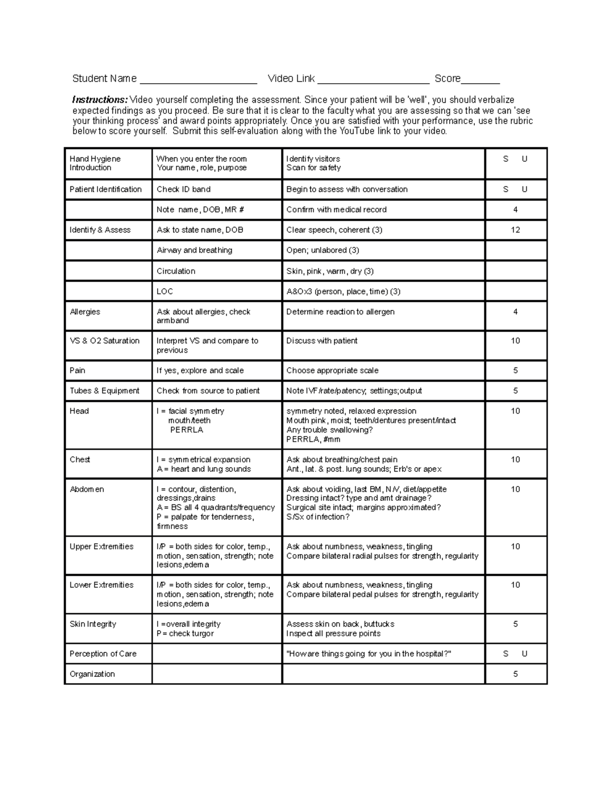 10 Minute Assessment Video Rubric and Instructions - Student Name ...