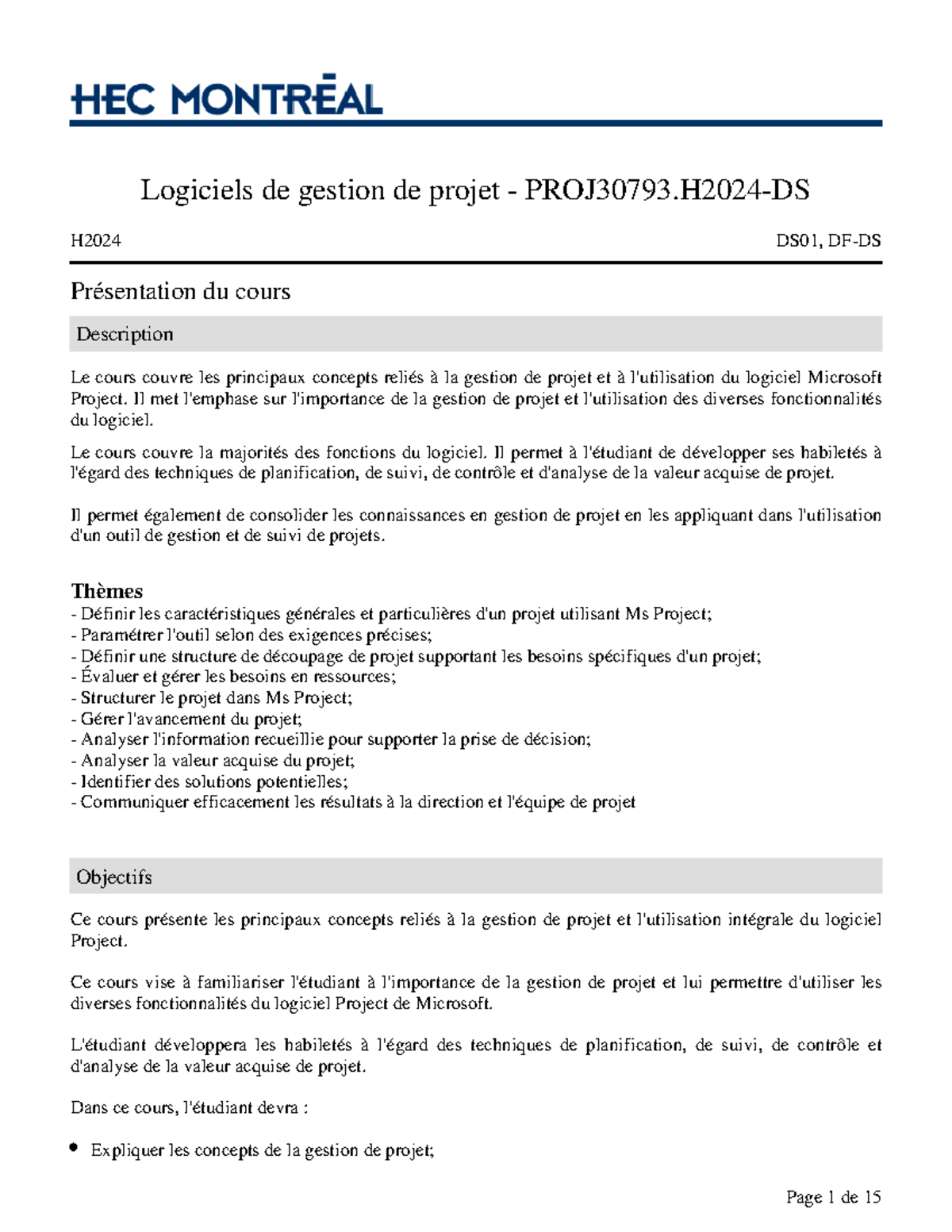 PROJ30793 - Résumé Logiciels de gestion de projet - H2024 DS01, DF-DS ...