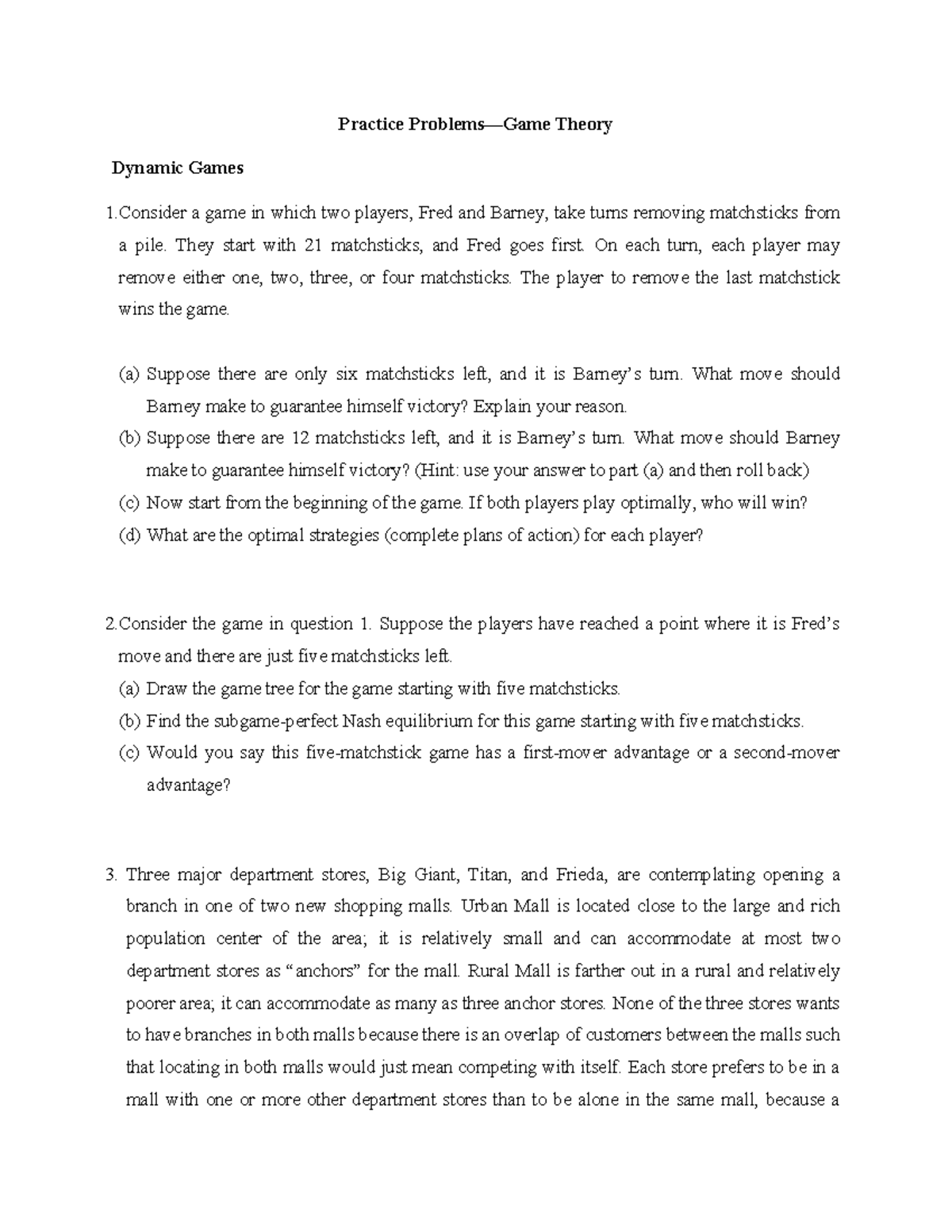 (Questions) Practice Problems Game Theory - Practice Problems—Game ...