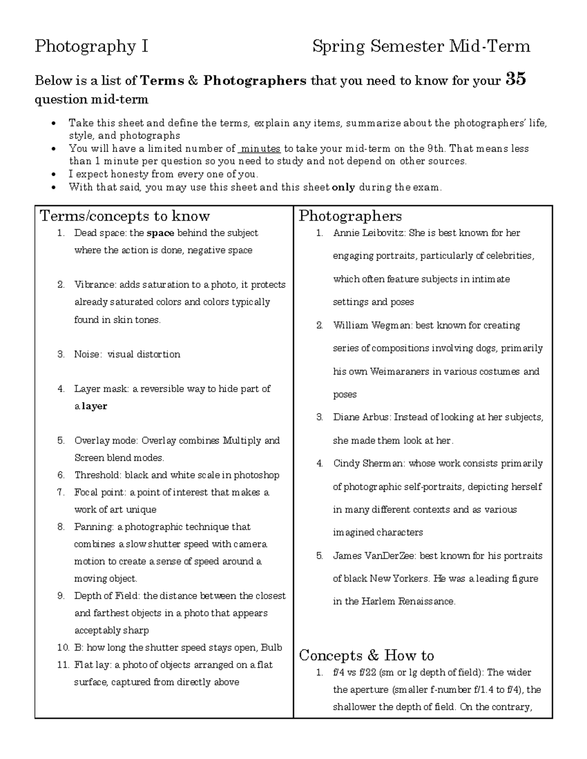 Mid-Term Spring Semester - Photography I Spring Semester Mid-Term Below ...