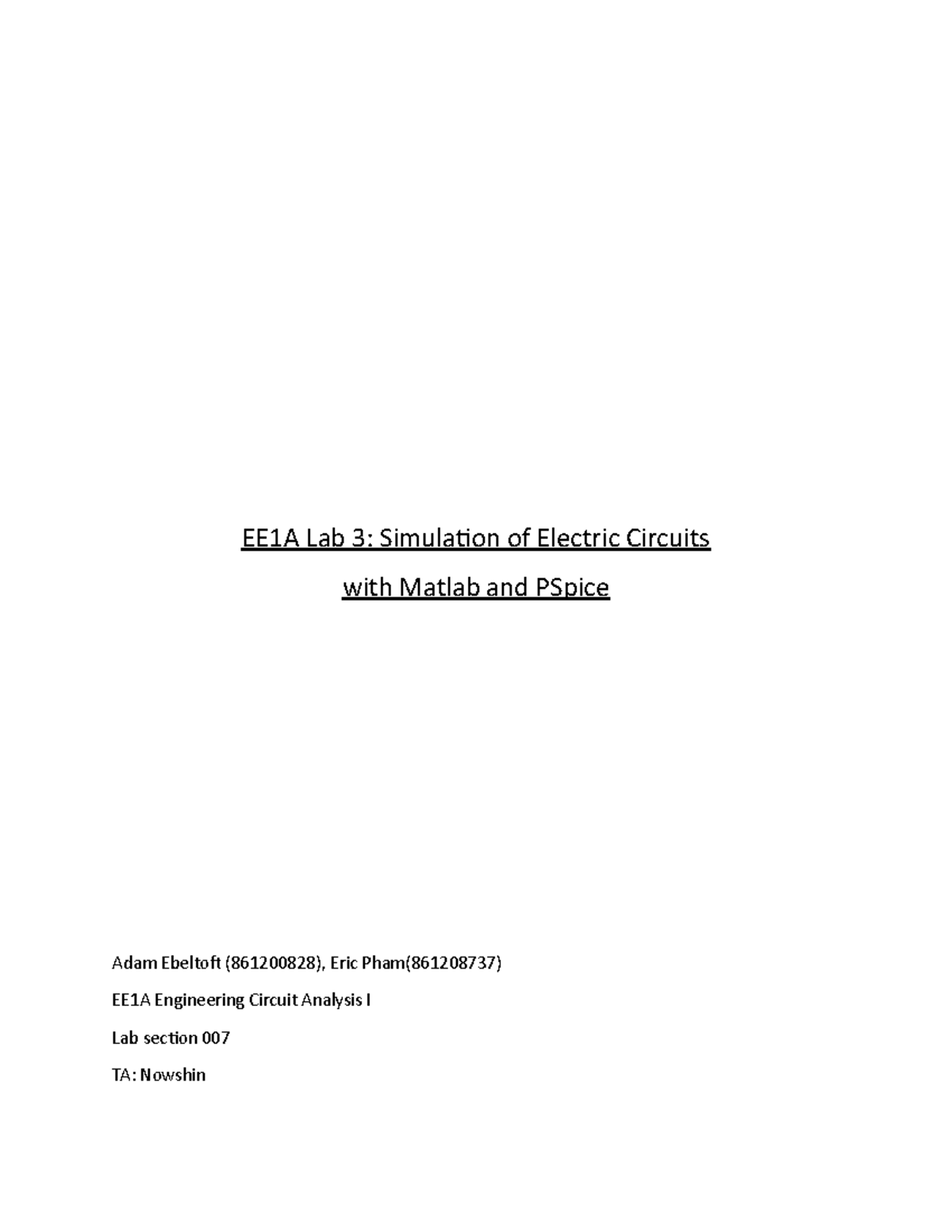 EE1A Lab 3 - Lab 3 assignment - EE1A Lab 3: Simulation of Electric ...
