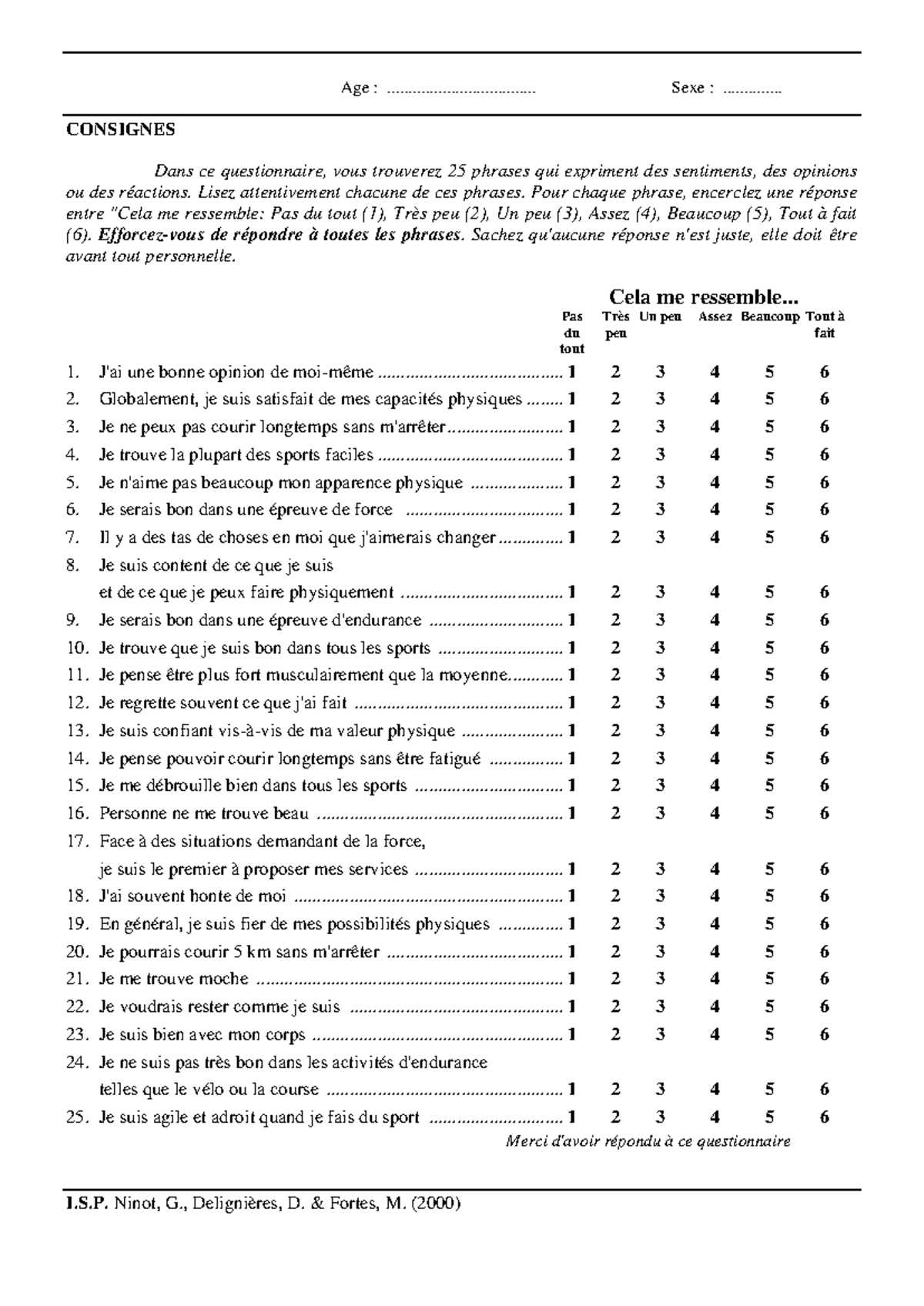 Test inventaire de soi physique ISP 25 delignières - Age