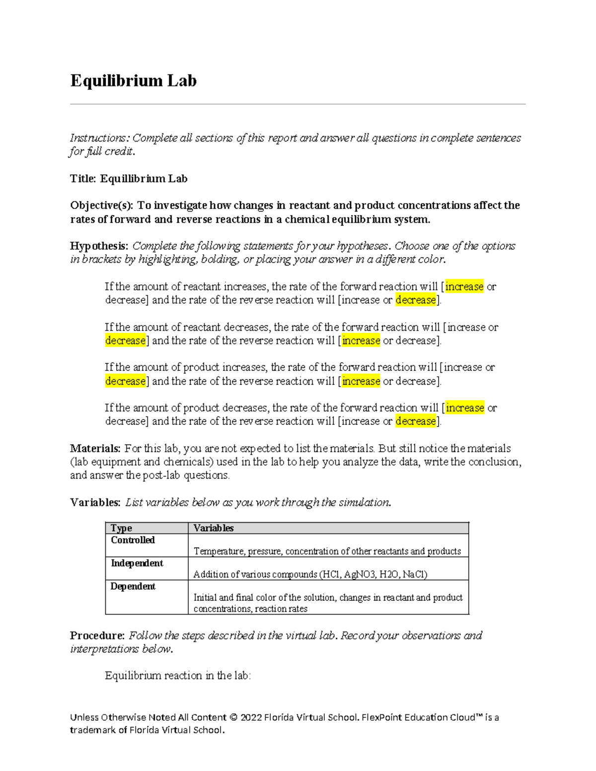 Lab report - lab - Equilibrium Lab Instructions: Complete all sections ...
