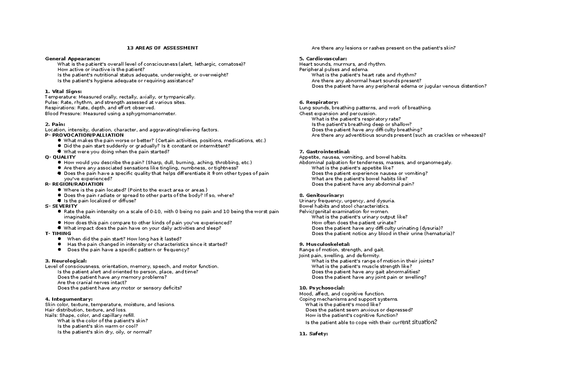 13 Areas of Assessment cheat sheet - 13 AREAS OF ASSESSMENT General ...