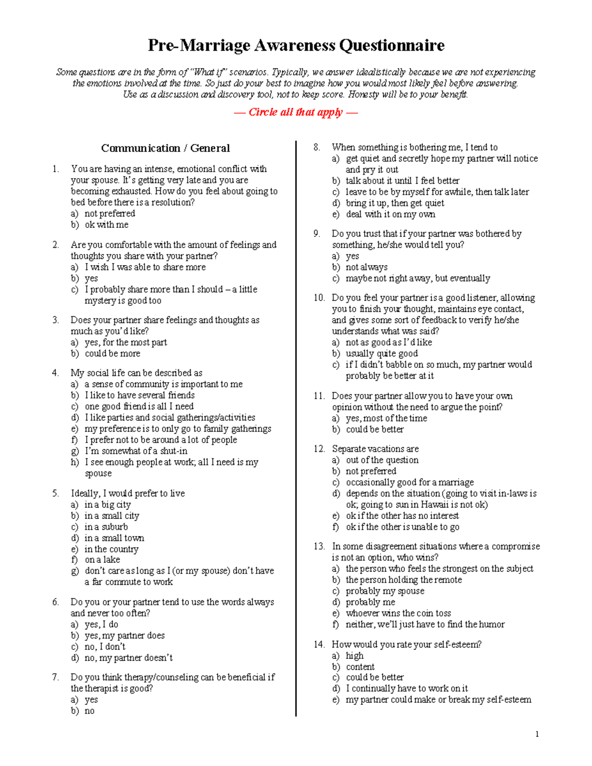 Premarriage Questionnaire - Pre-Marriage Awareness Questionnaire Some ...