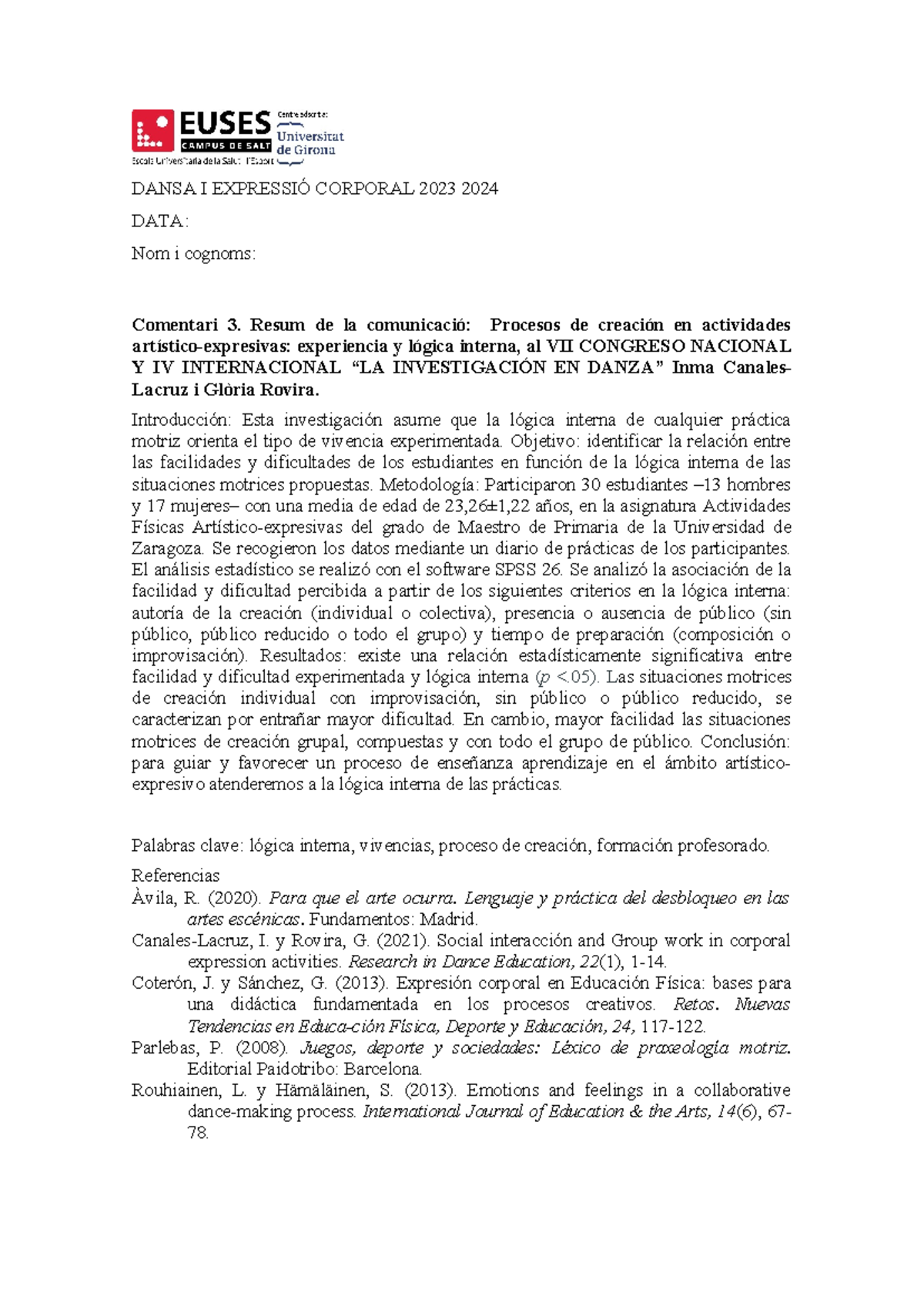 3 Experiència (vivència) i lògica interna - DANSA I EXPRESSIÓ CORPORAL ...