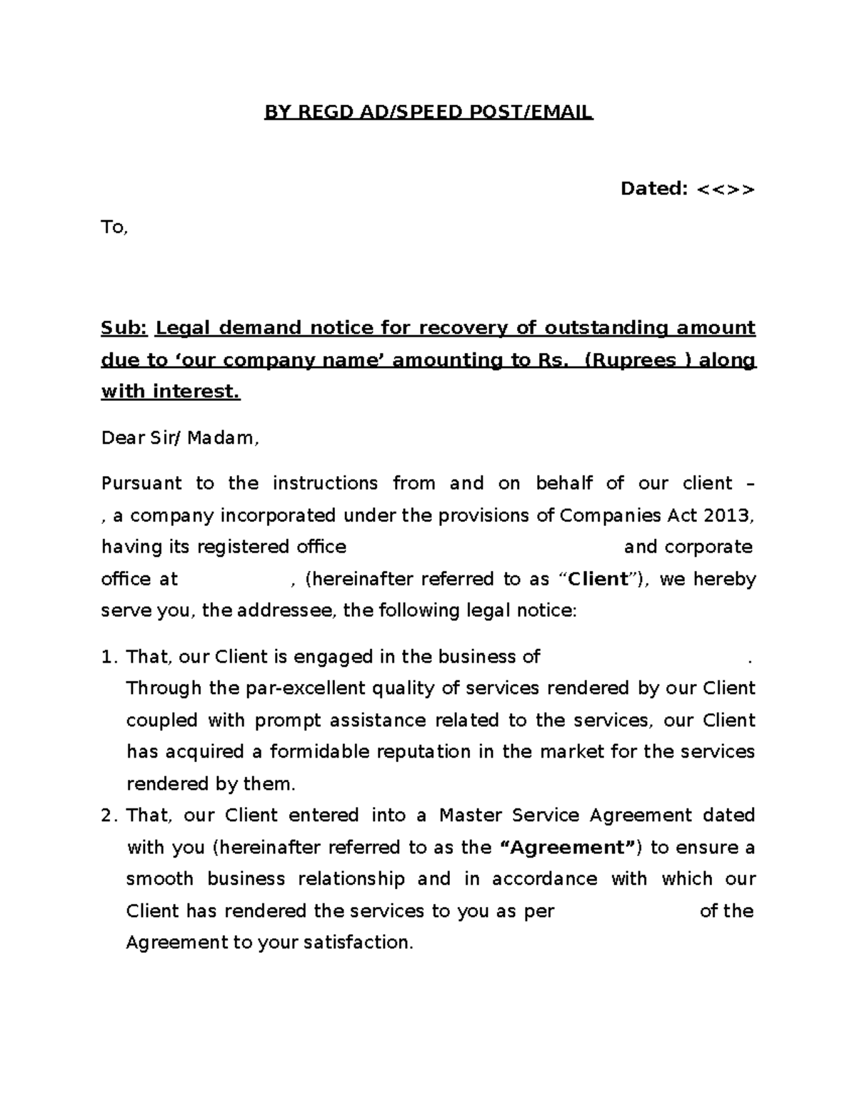 Legal Demand Notice-Draft - BY REGD AD/SPEED POST/EMAIL Dated: To, Sub ...