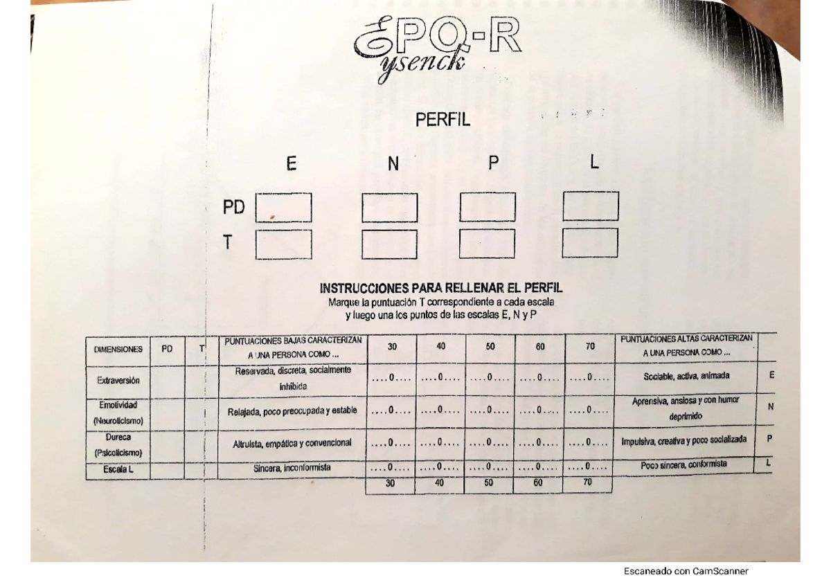 Epqr 1 - Documento necesita revisión - ysenck PERFIL E N P PD T INSTRUCCIONES PARA RELLENAR EL ...