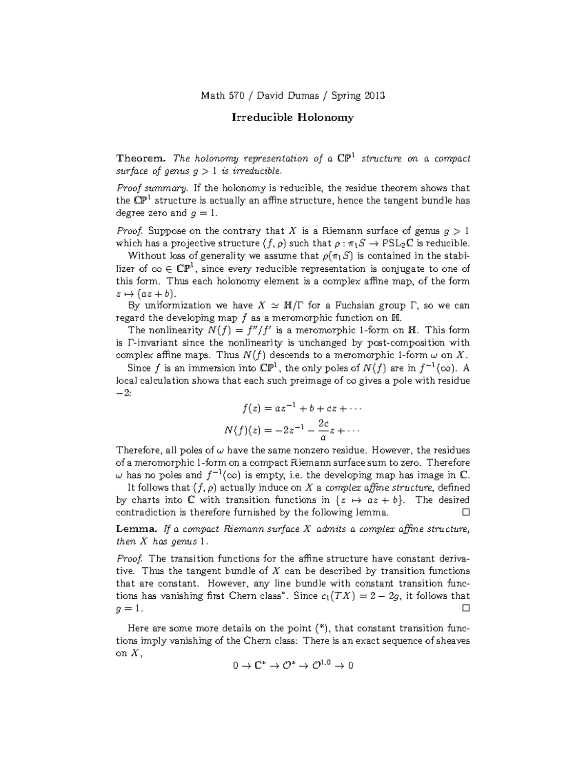 Math 570 Spring 2013 Notes Irreducible Holonomy - Math 570 / David ...