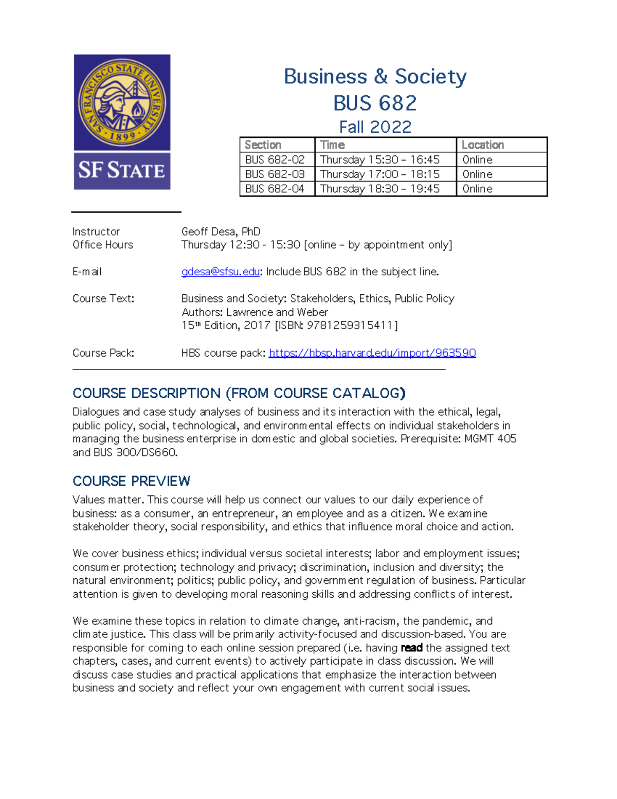 BUS 682 syllabus - Fall 2022 - Desa - Instructor Geoff Desa, PhD Office ...
