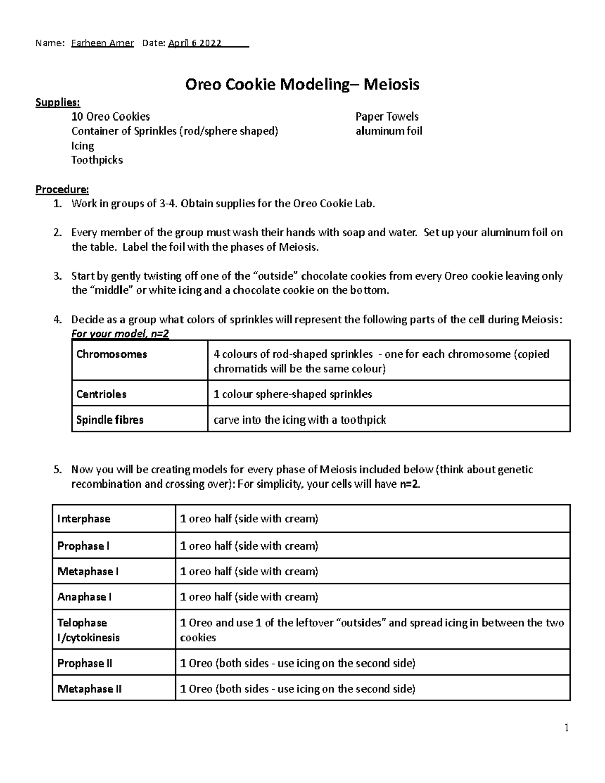 2022 oreo meiosis modeling - Name: Farheen Amer Date: April 6 2022 Oreo ...