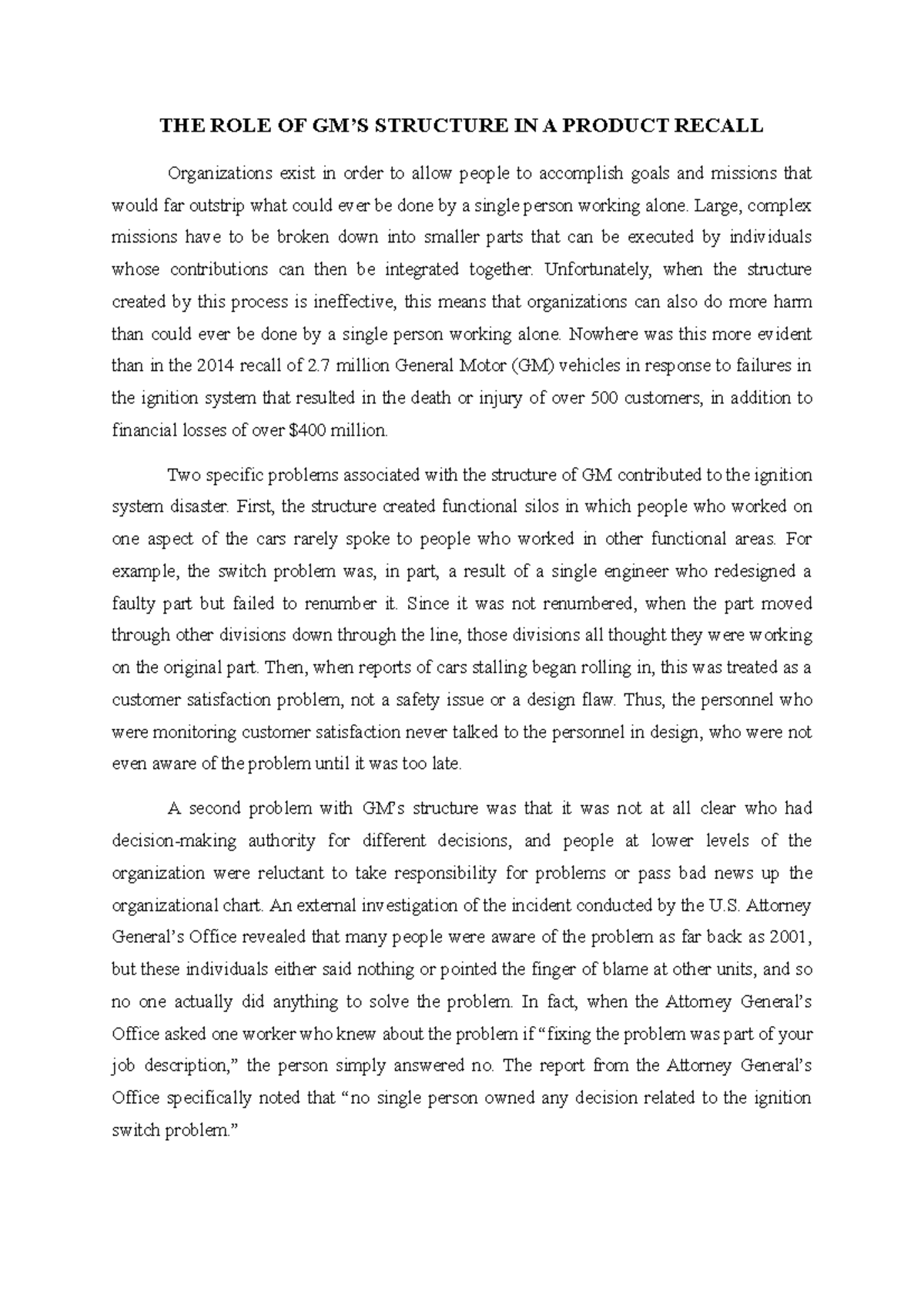 WSB6 Topic 3 Case 2 THE ROLE OF GM'S Structure IN A Product Recall ...