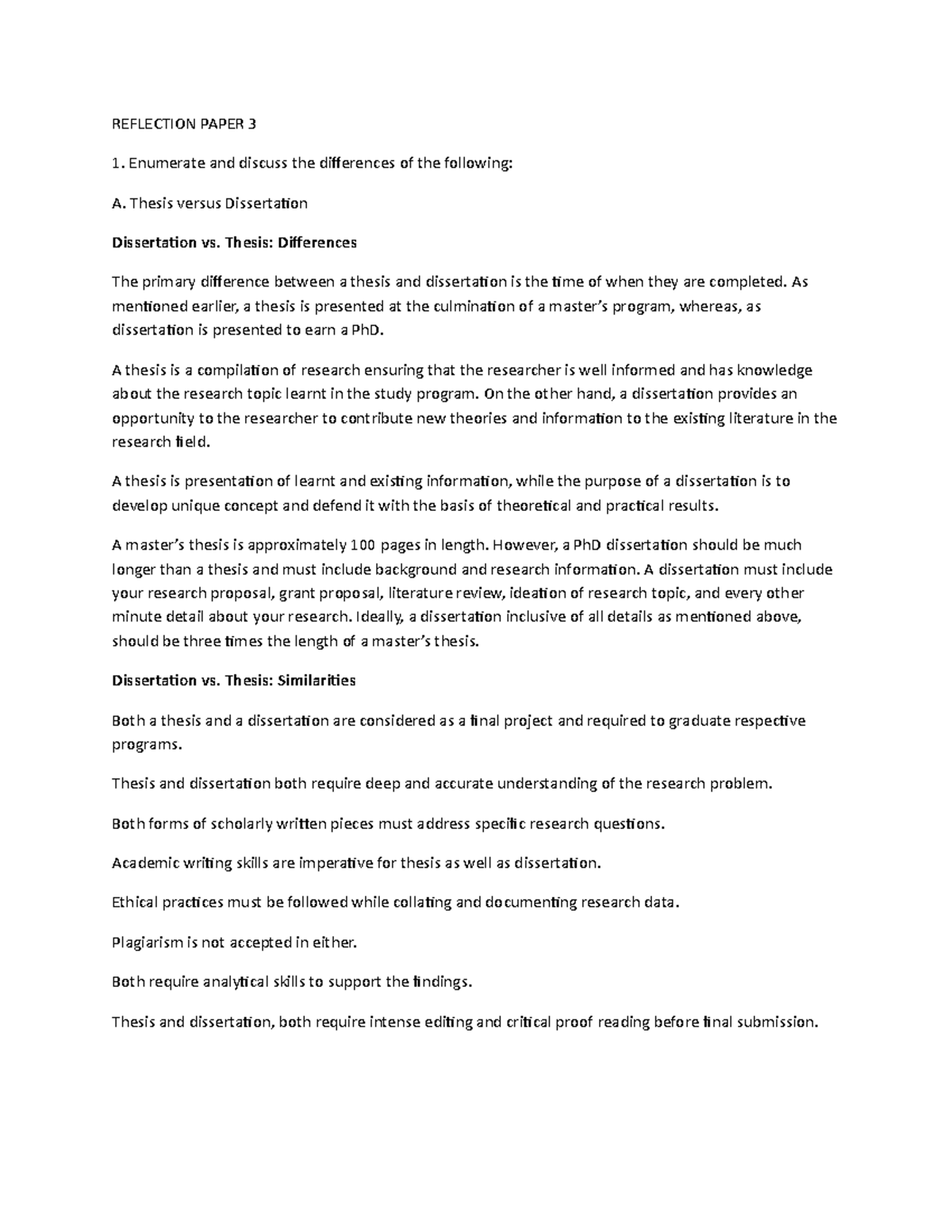 Reflection Paper 3 Urata Research - REFLECTION PAPER 3 Enumerate and discuss the differences of ...