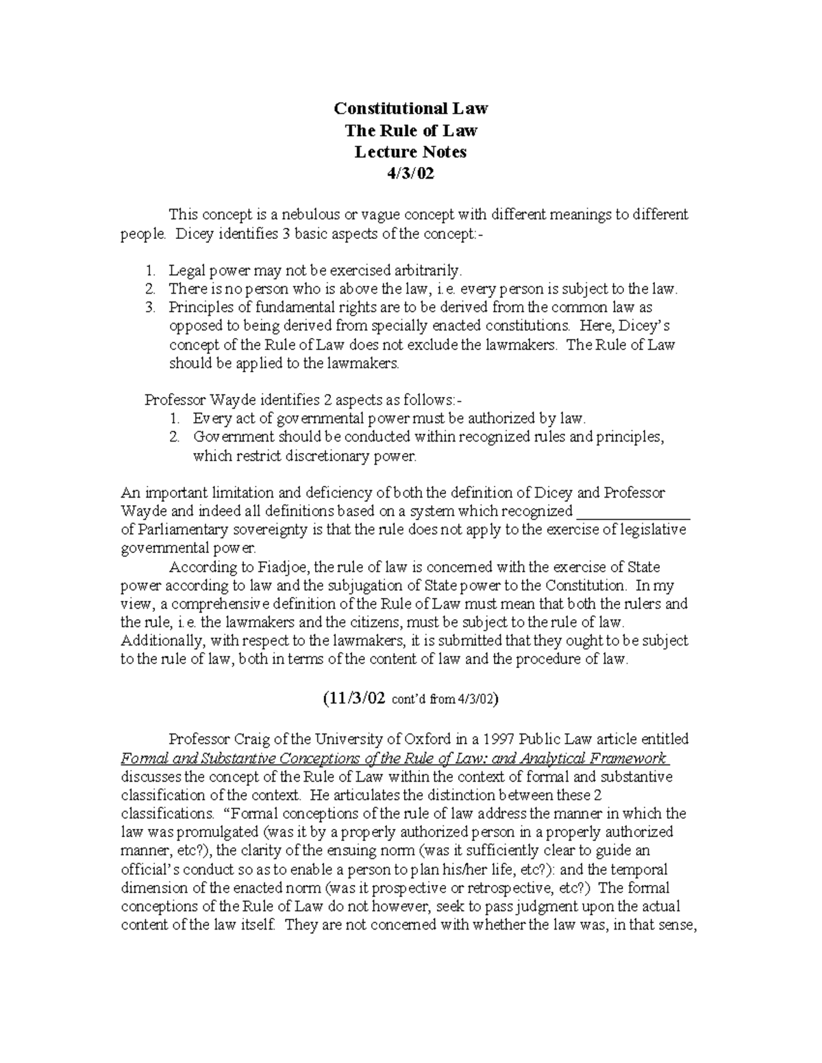 The Rule of Law (Lecture Notes) - Constitutional Law The Rule of Law ...