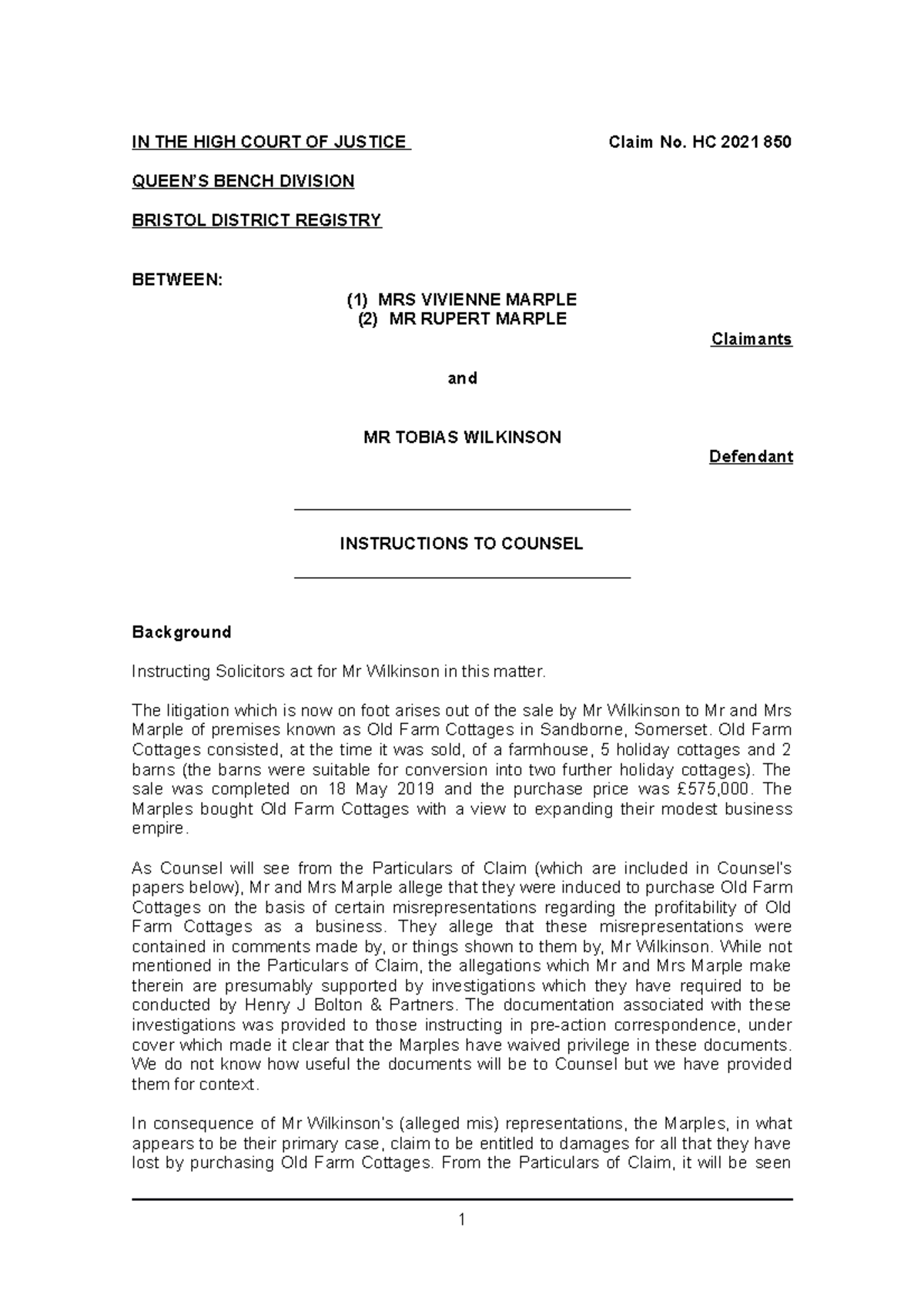 Marple Case Papers - IN THE HIGH COURT OF JUSTICE Claim No. HC 2021 850 ...