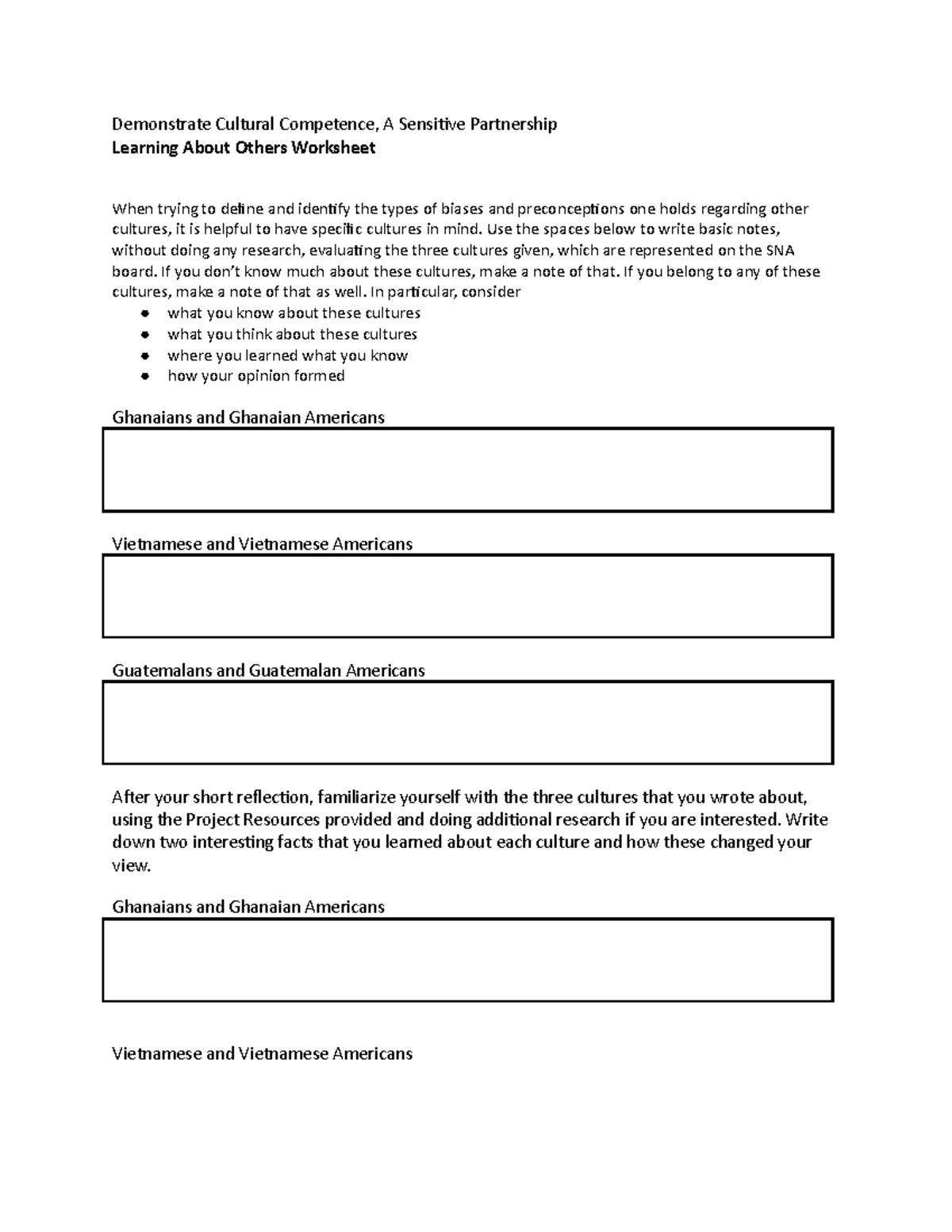 Learning About Others Worksheet - Demonstrate Cultural Competence, A ...
