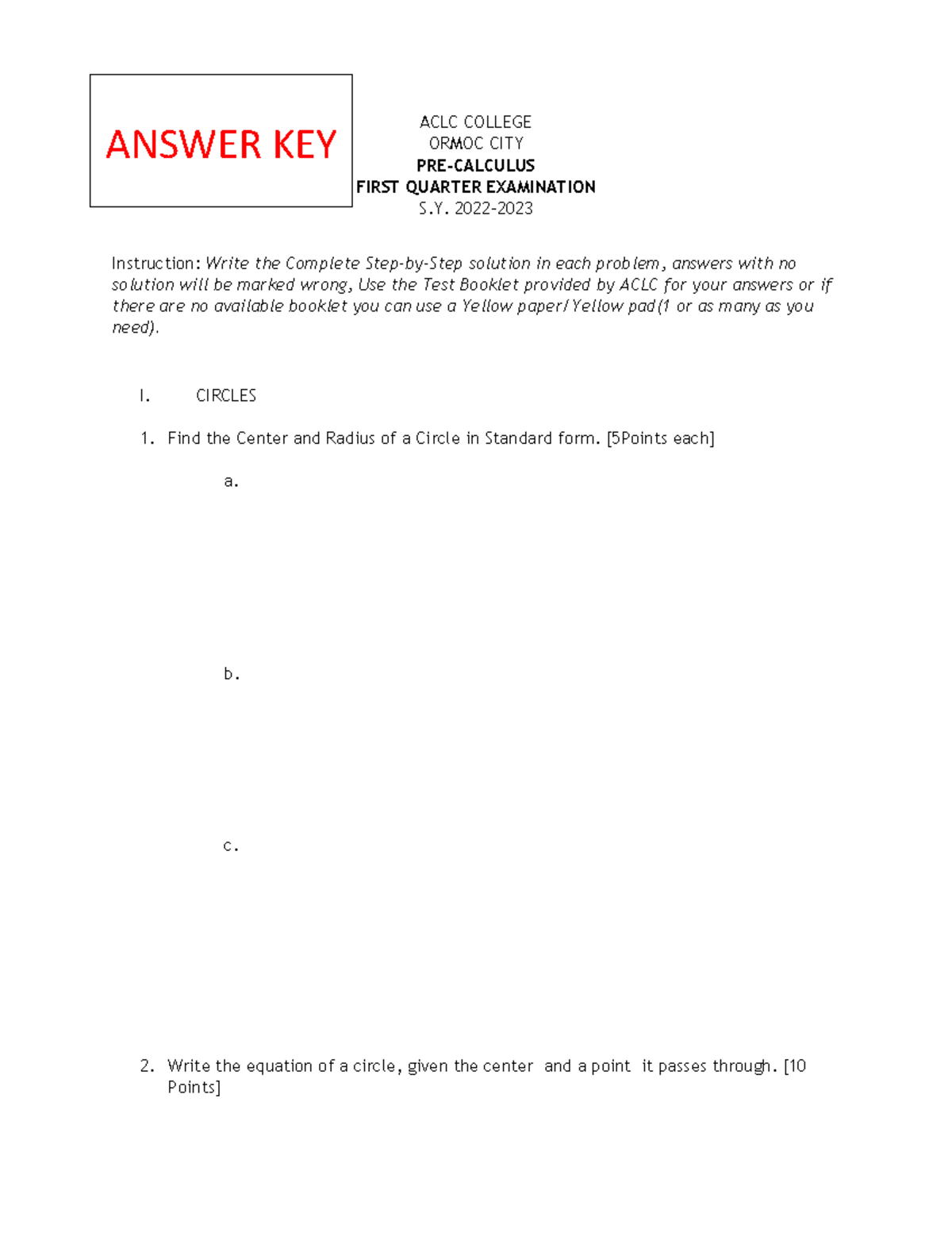 First Quarter EXAM PRE Calculus 2022 2023 Answer KEY - ACLC COLLEGE ...