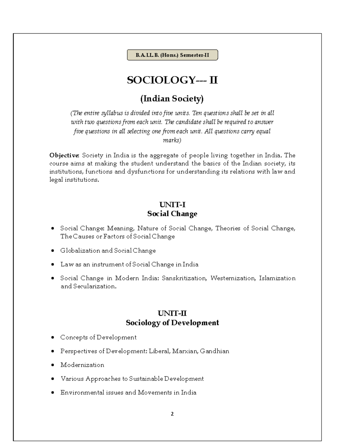 Syllabus Second SEM - SOCIOLOGY- II (Indian Society) (The entire ...