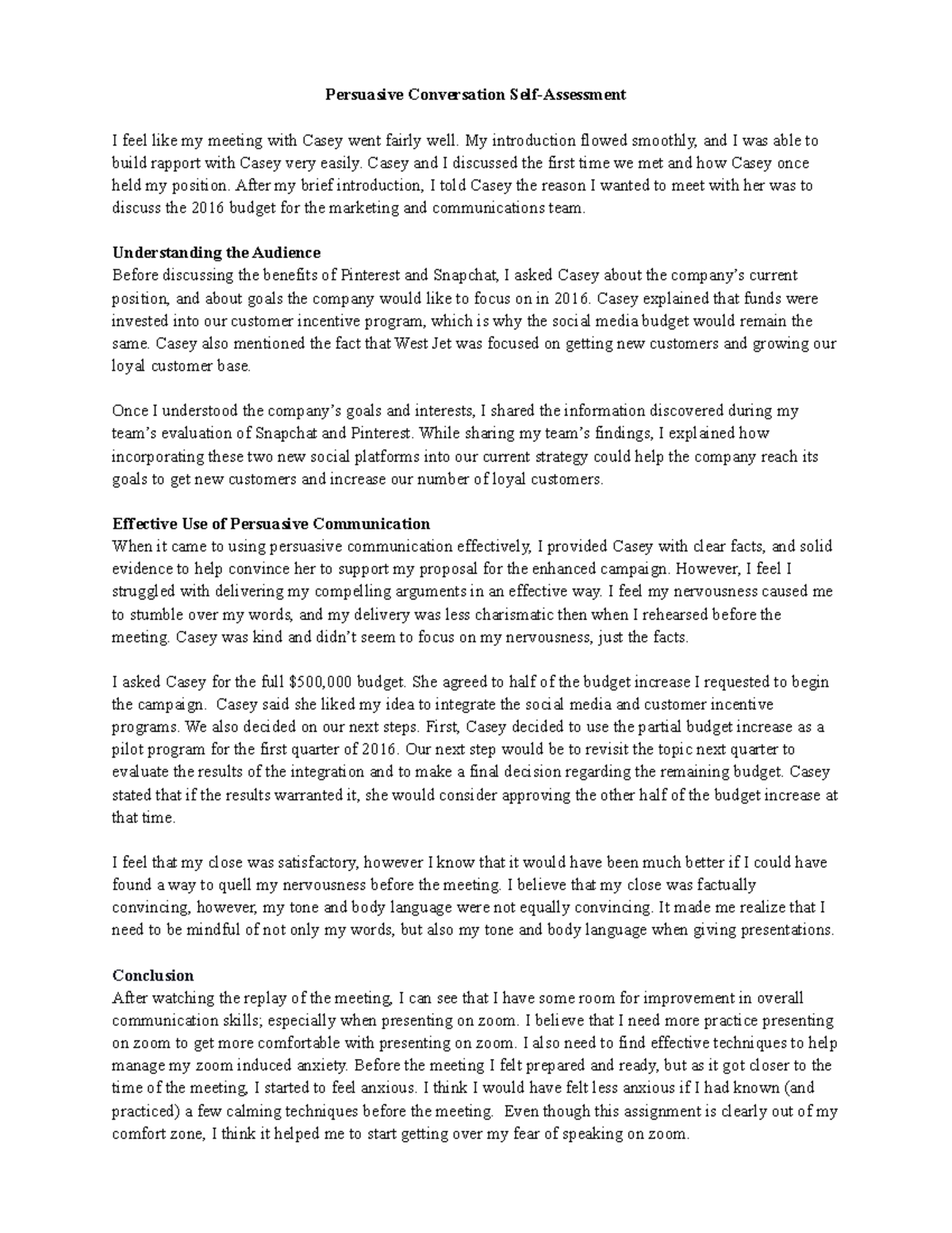 Persuasive Conversation Self-Assessment - My introduction flowed ...