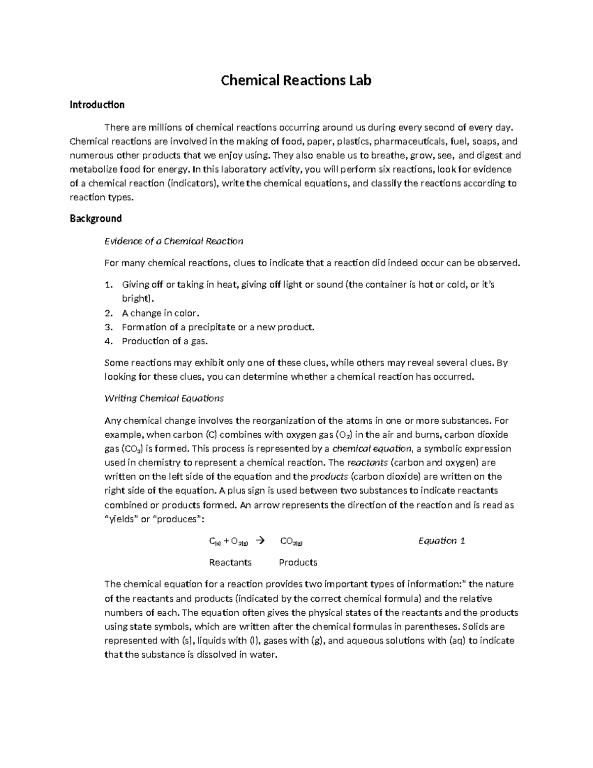 Chemical Reactions Chemistry Lab - Chemical Reactions Lab Introduction ...