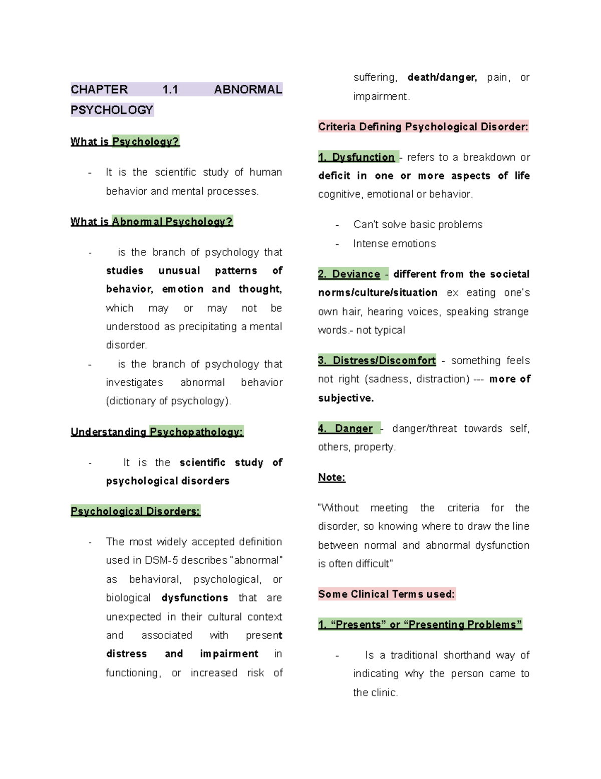 Abpsych reviewer - CHAPTER 1 ABNORMAL PSYCHOLOGY What is Psychology? It ...