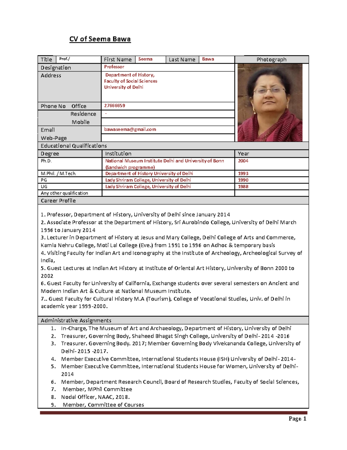 History Seema Bawa - Title Prof./ First Name Seema Last Name Bawa ...