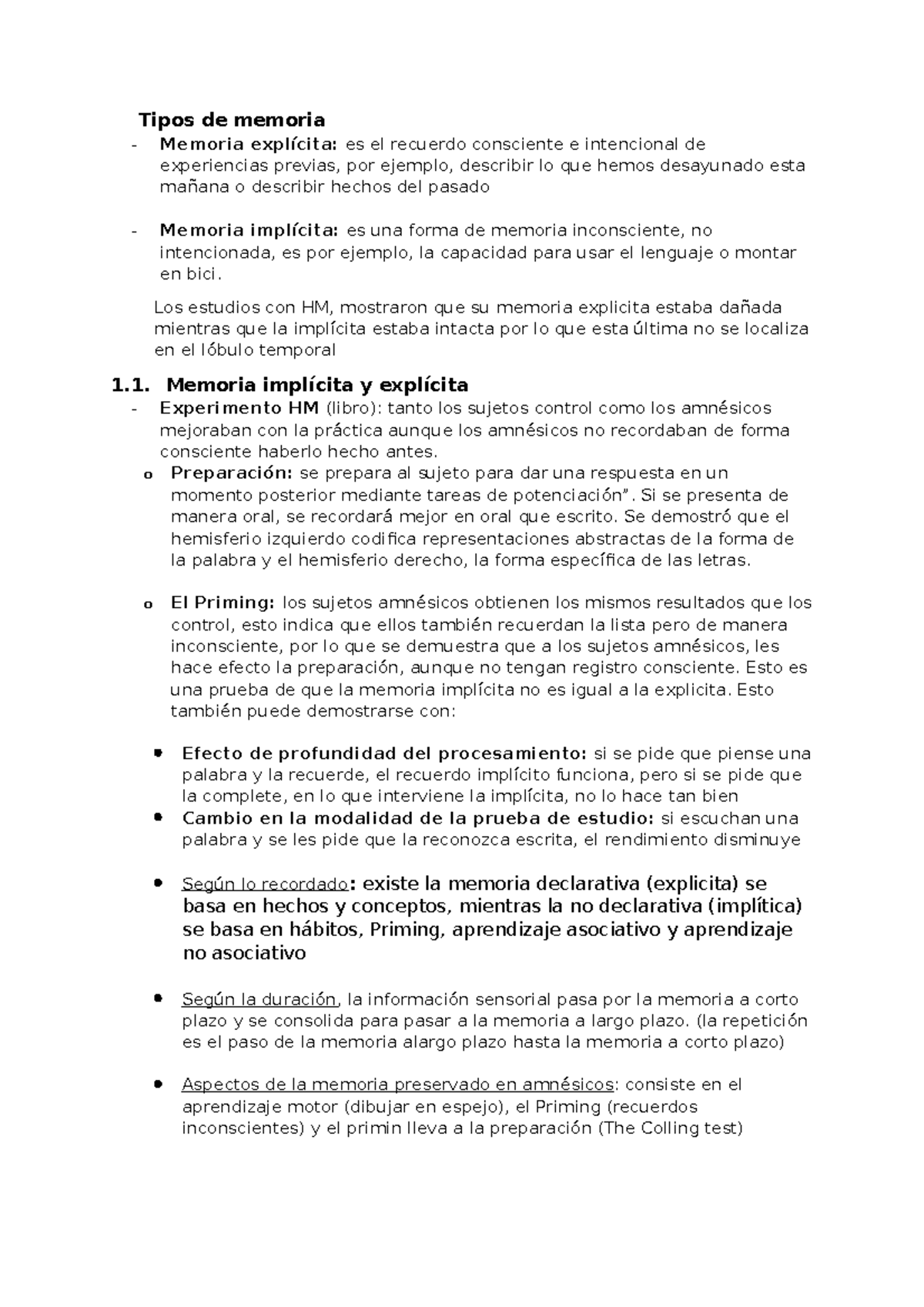 Tipos de memoria - Tipos de memoria Memoria explícita: es el recuerdo ...
