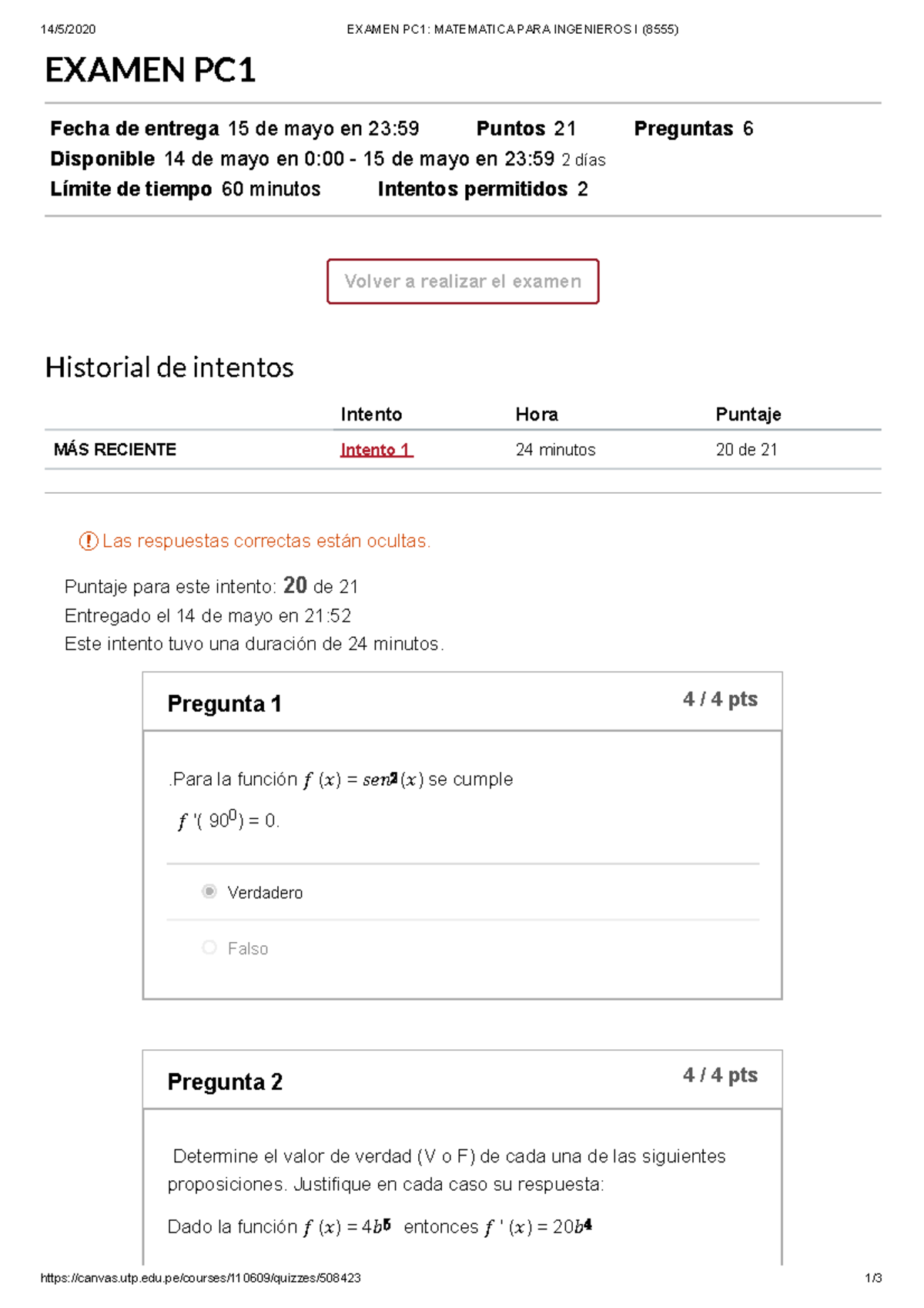 Examen PC1 Matematica PARA Ingenieros I (8555) - 14/5/2020 EXAMEN PC1: MATEMATICA PARA ...